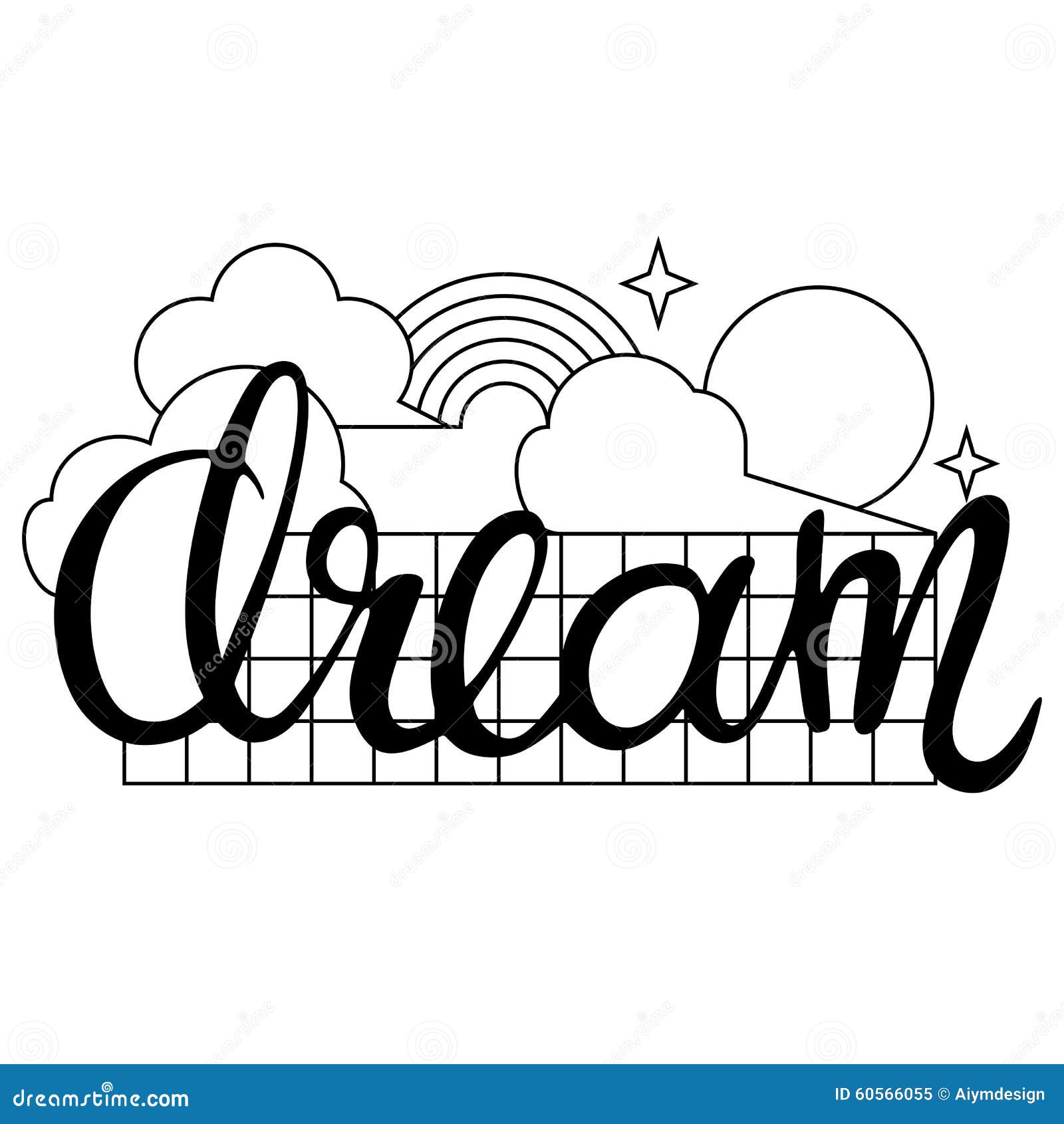 Dream Word Calligraphic Design with Clouds, Sun, Rainbow and Stars in ...