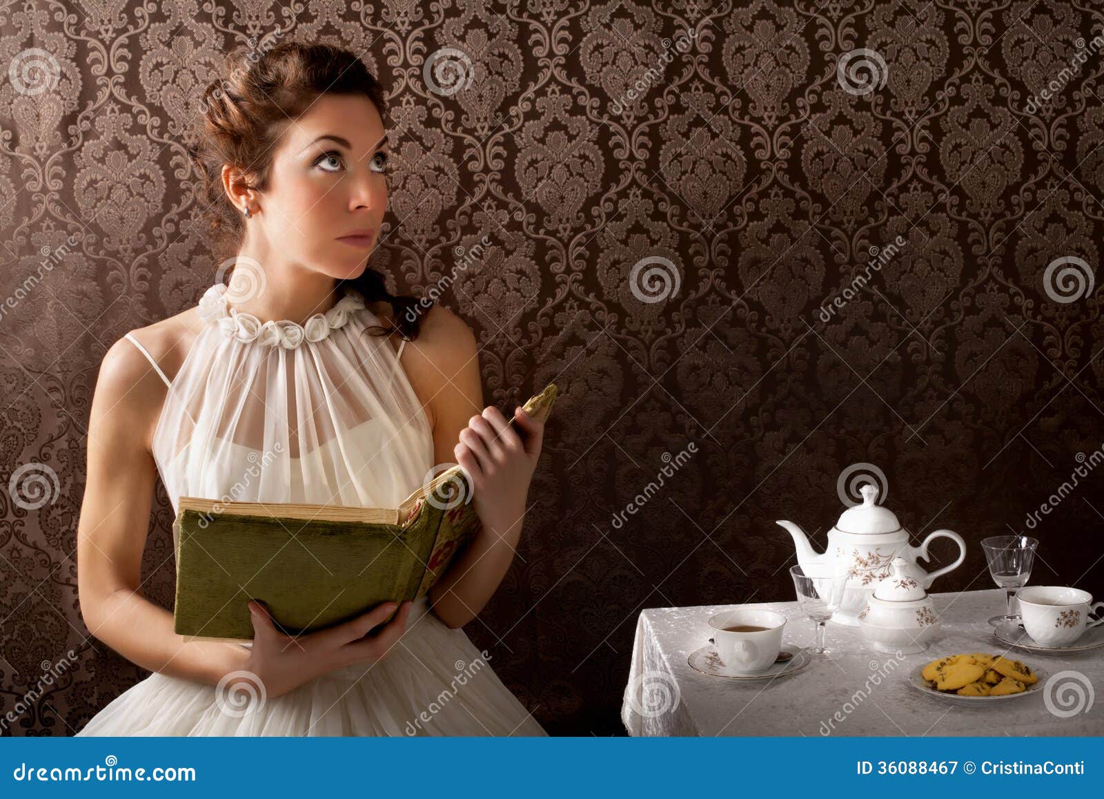 Dreamer Woman Reading a Book at Tea Time Stock Image - Image of ...