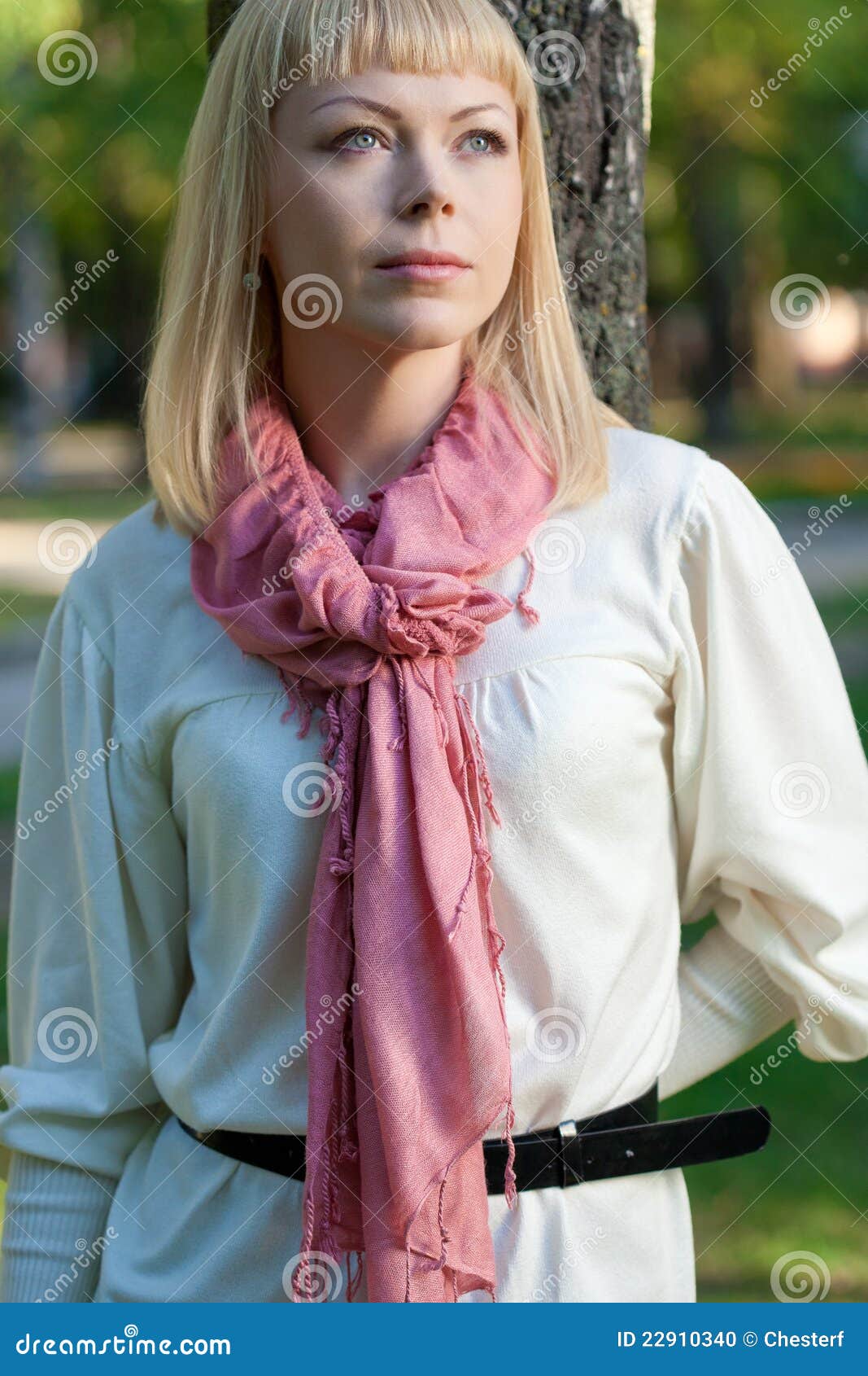 Dreaming Blond Woman Near Tree Stock Photo - Image of attractive, park ...