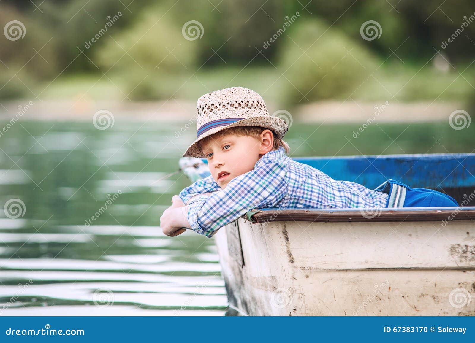Dreaming Boy in Old Boat on the Summer Boat Stock Photo - Image of ...