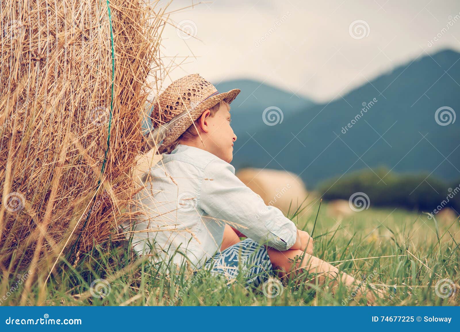 Dreaming Boy Sitting Nea the Rolling Haystack Stock Image - Image of ...