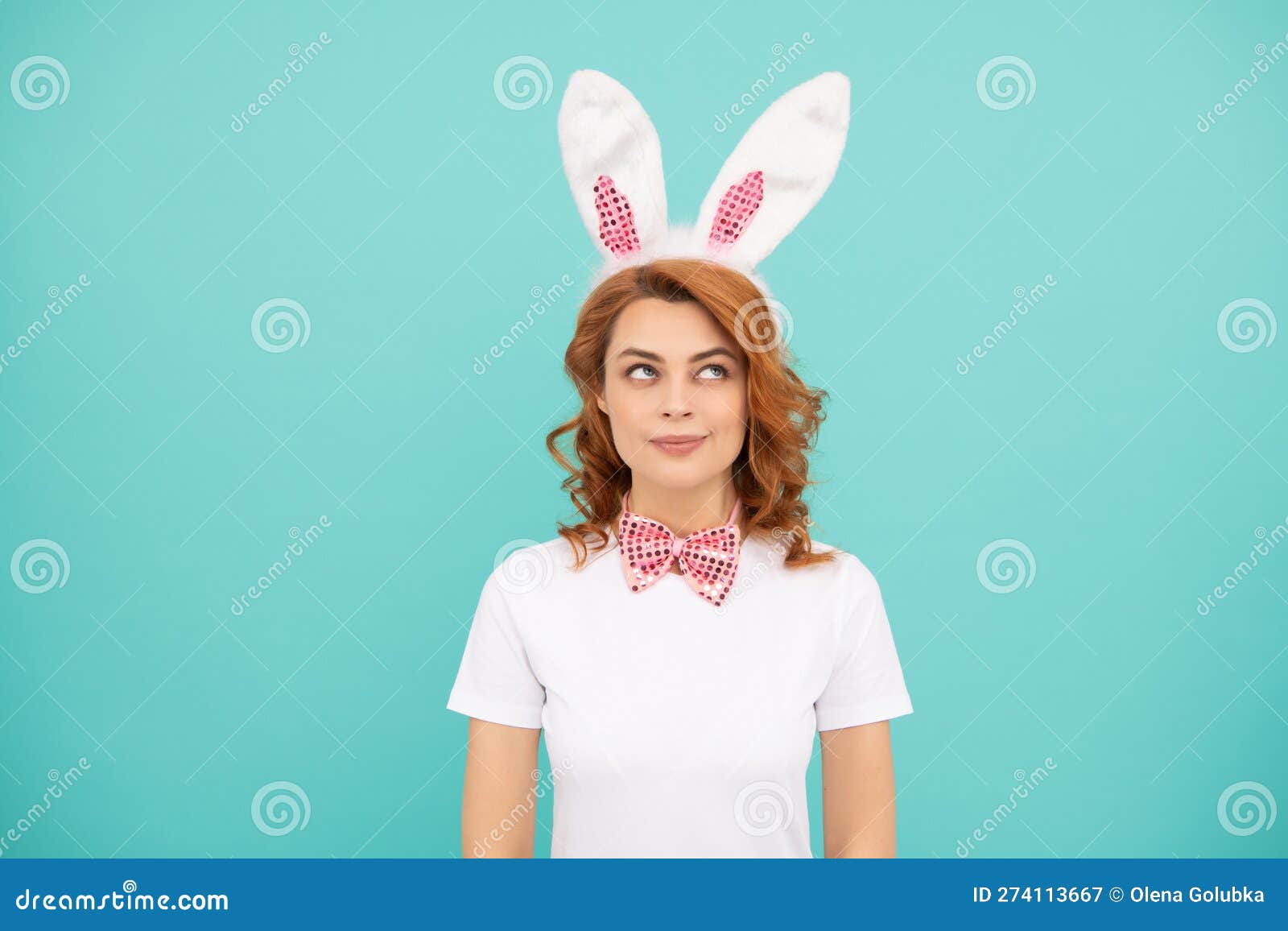 Dreaming Easter Woman with Bunny Ears on Blue Background Stock Image ...