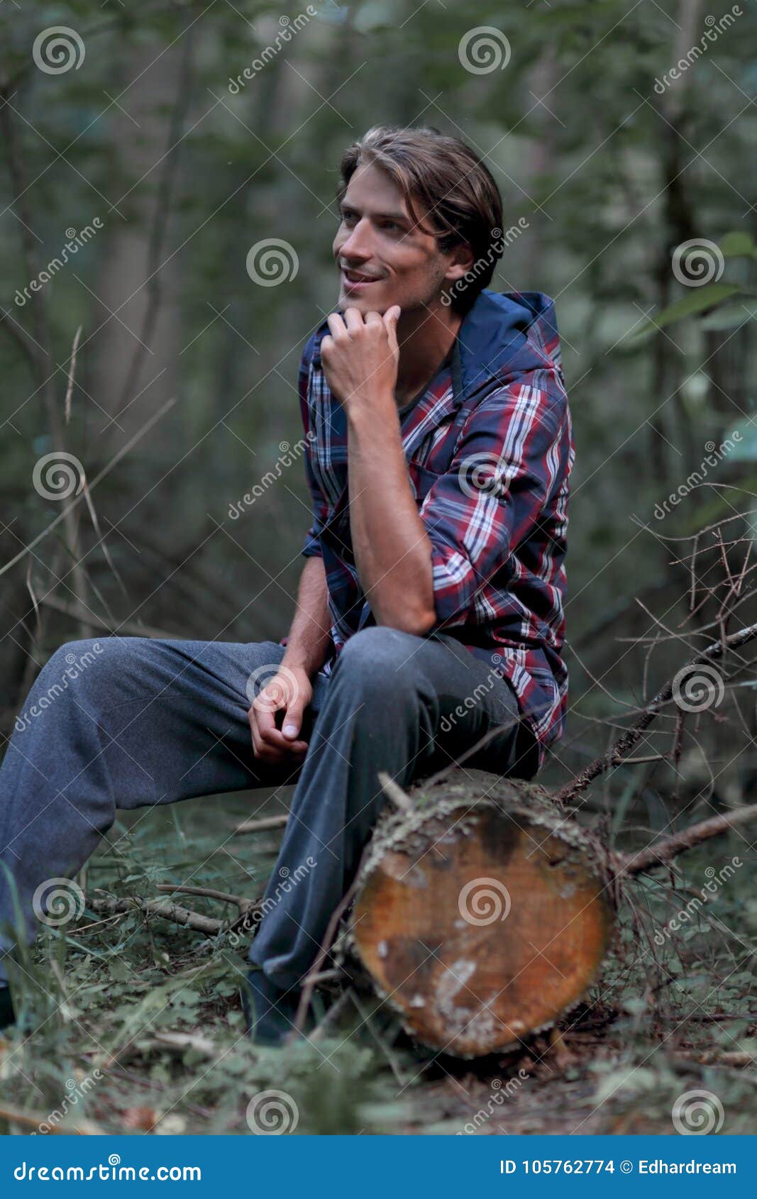 Dreaming of a Man Sitting on a Log in the Woods Stock Photo - Image of ...