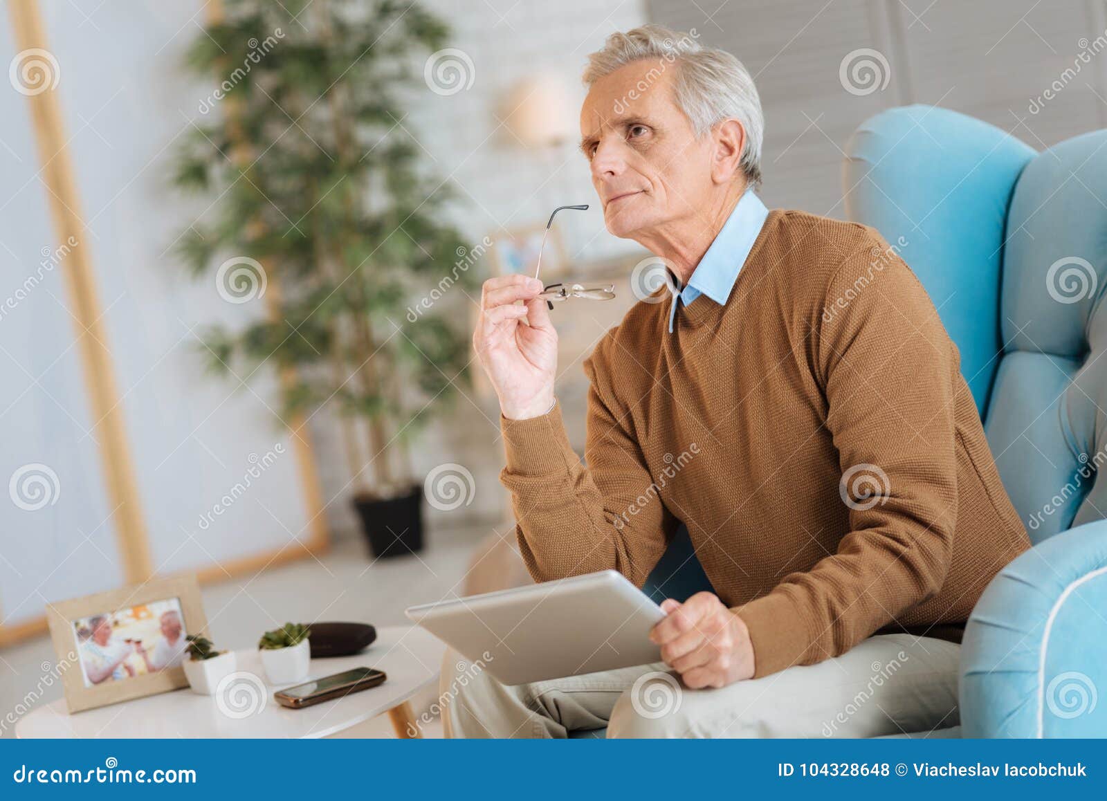Dreaming Old Man Generating Ideas at Home Stock Photo - Image of ...