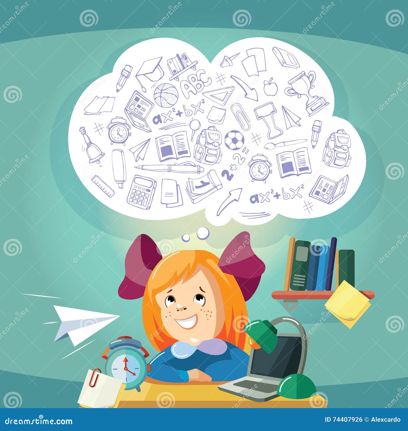 Dreaming School Girl at the Desk. Stock Vector - Illustration of ...