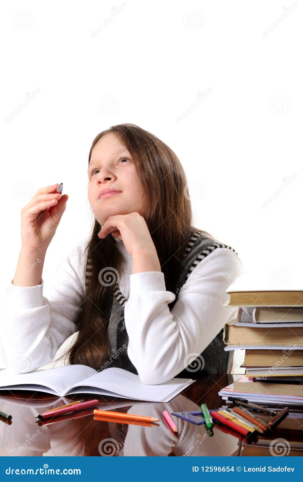 Dreaming Schoolgirl. Isolated on White Stock Photo - Image of face ...