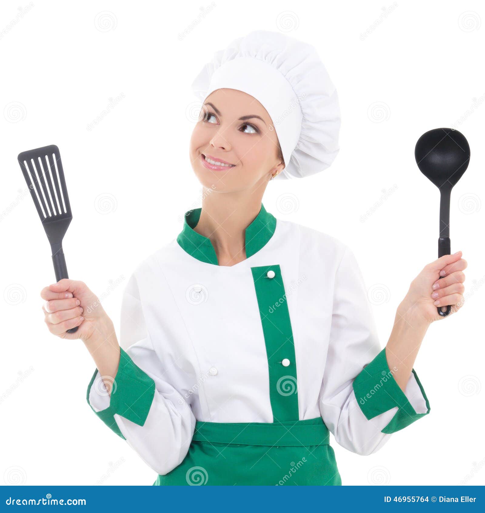 Dreaming Woman in Green Chef Uniform with Kitchen Tools Isolated Stock ...