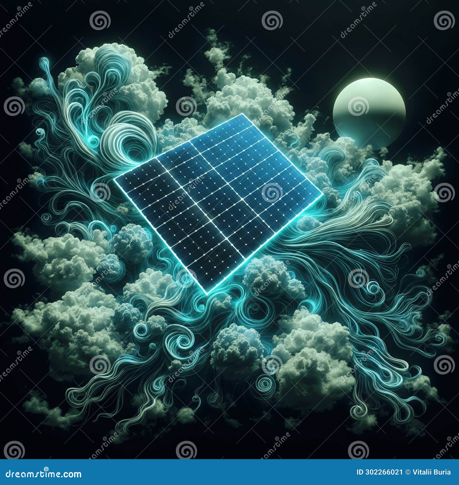 Solar Panel in the Clouds with the Moon in the Background 3d Illustration, Generative Ai Stock ...