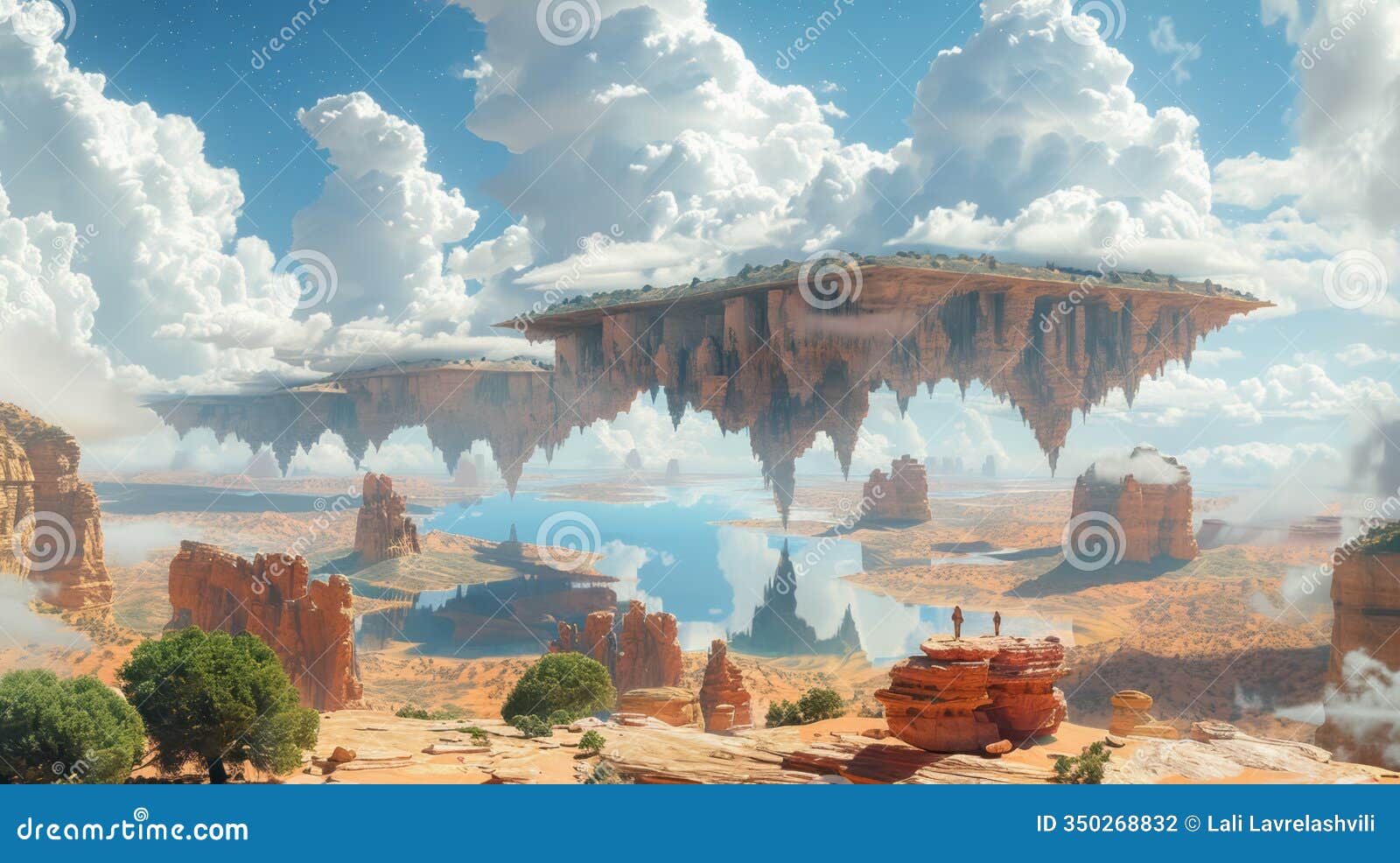 Dreamlike Desert Landscape with Floating Islands and Pyramids Stock ...