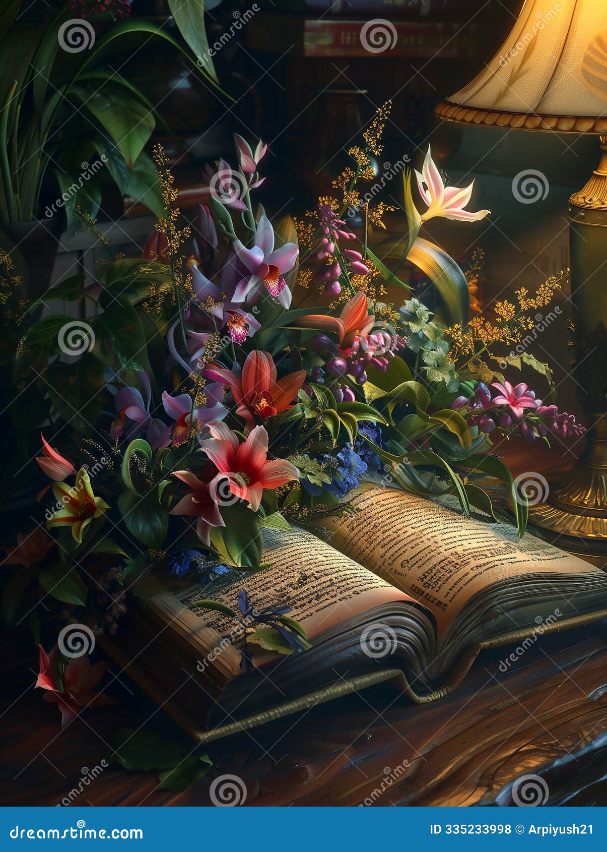 Surreal Open Book with Cascading Vines and Hyper-Realistic Flowers ...