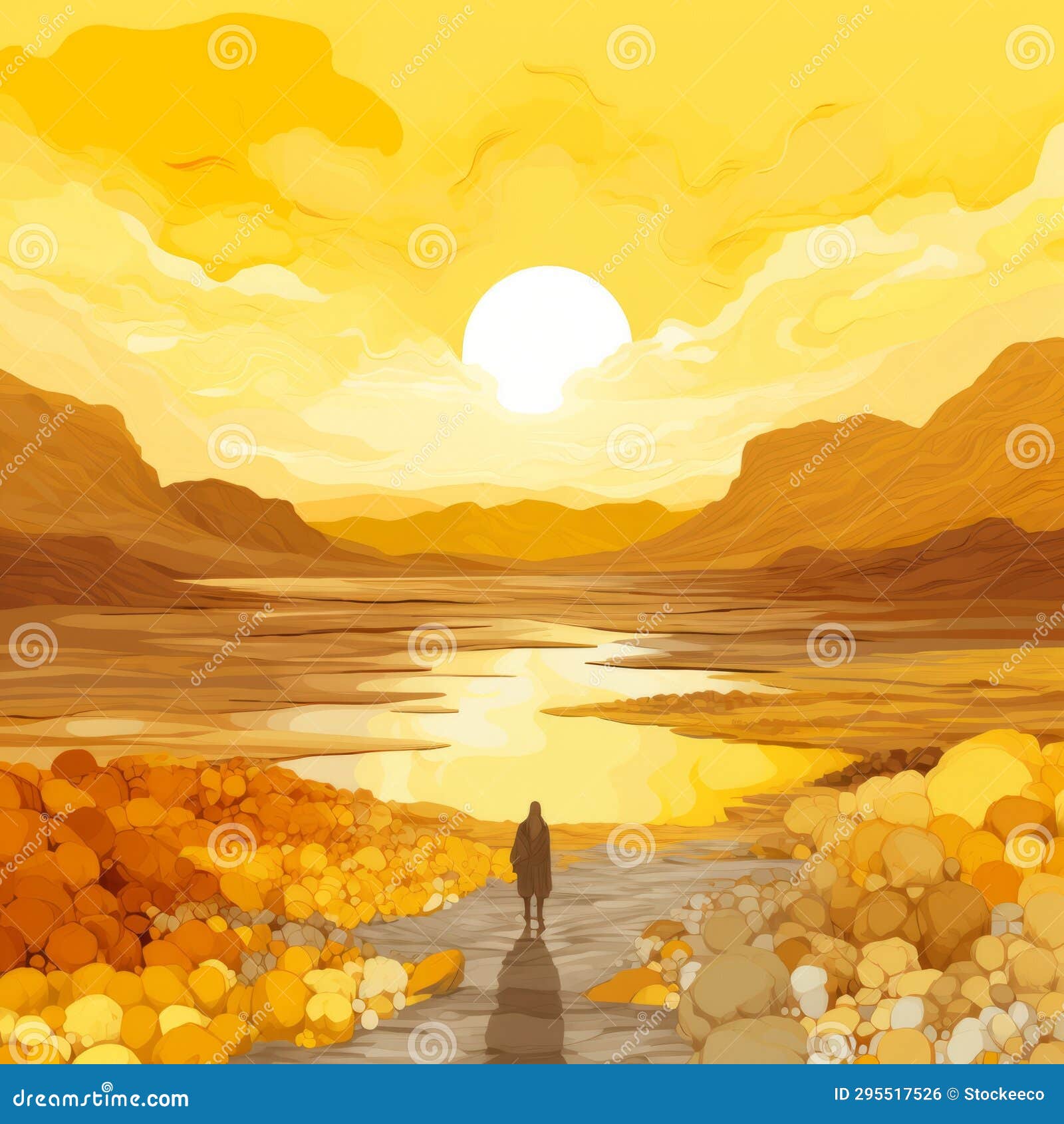 Dreamlike Illustration Of A Man Walking On An Orange Landscape ...
