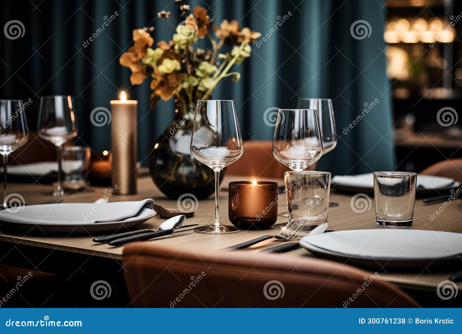 Dreamlike Scandinavian Restaurant Setting in Dark Beige and Light Azure ...