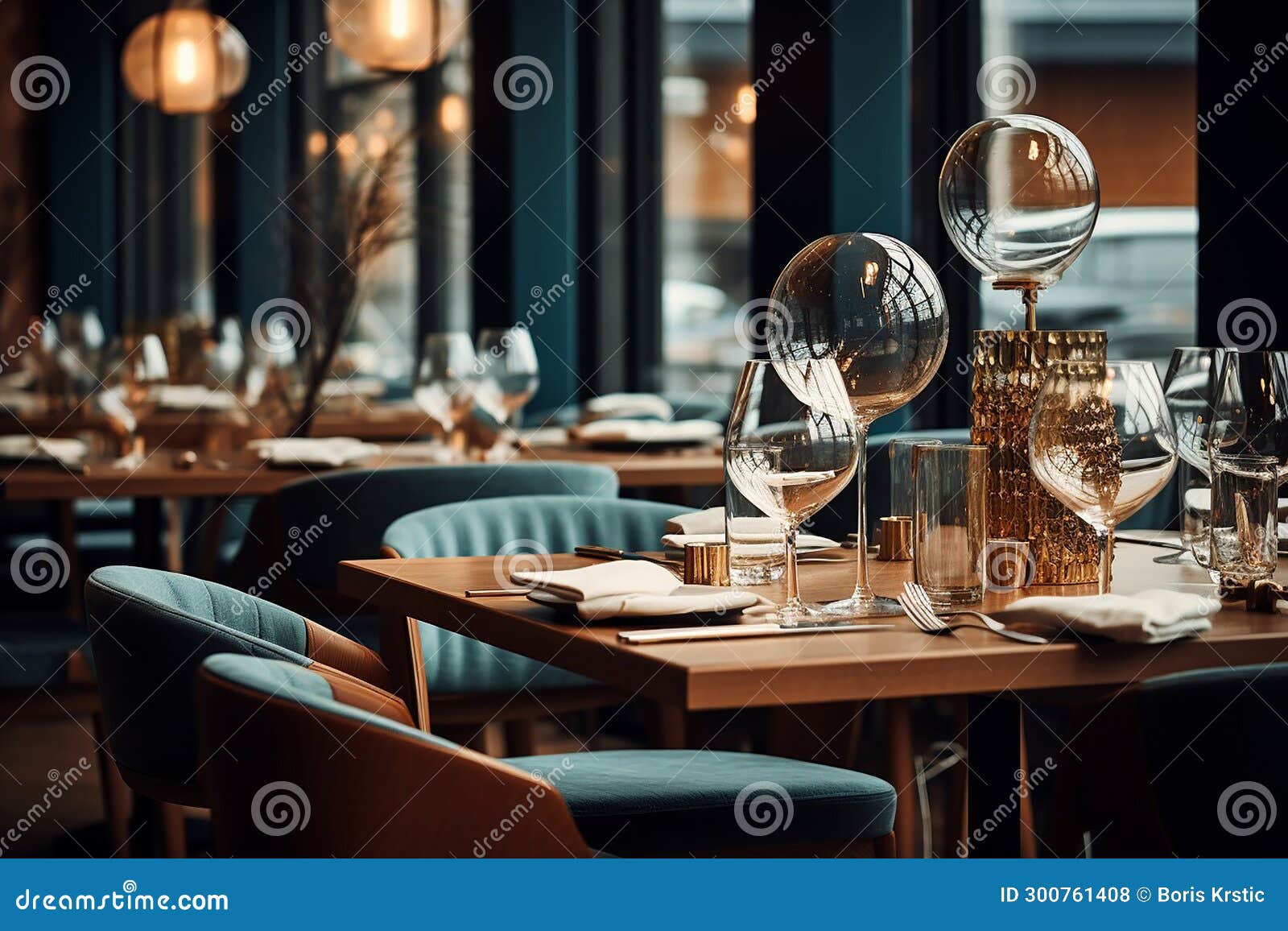 Dreamlike Scandinavian Restaurant Setting in Dark Beige and Light Azure ...