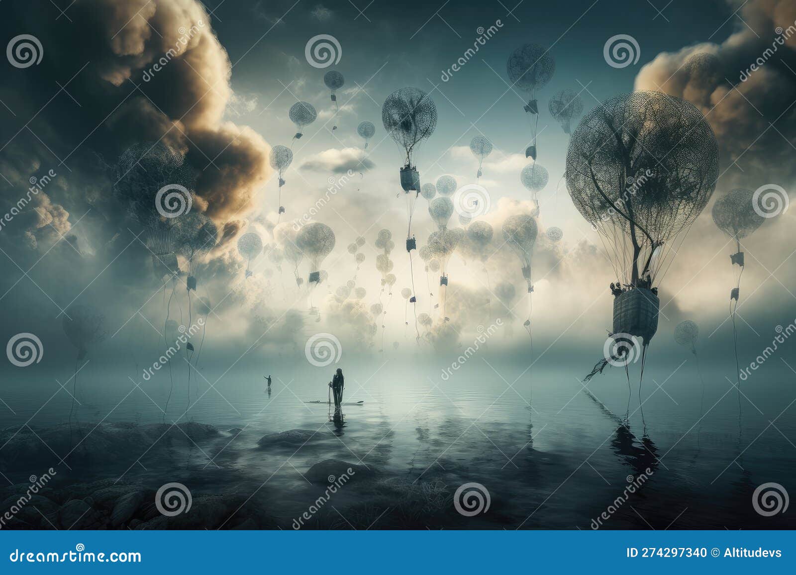 Dreamlike Scene with Floating Figures and Misty Background, in a ... Dreamlike Scene with Floating Figures and Misty Background, in a ...
