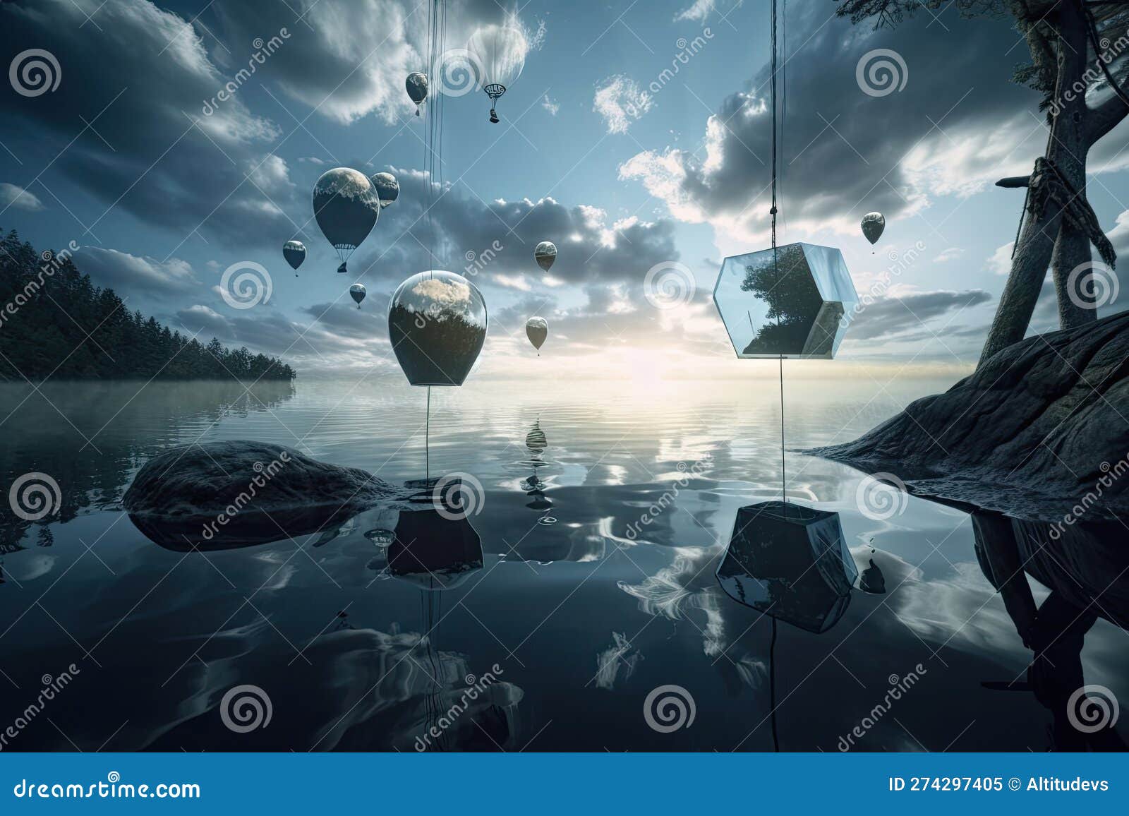 Dreamlike Scene Of A Surreal Landscape With Floating Orbs Of Light ...