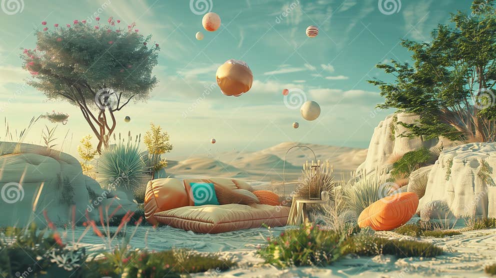 Dreamlike Scene with Levitating Objects Stock Illustration ...