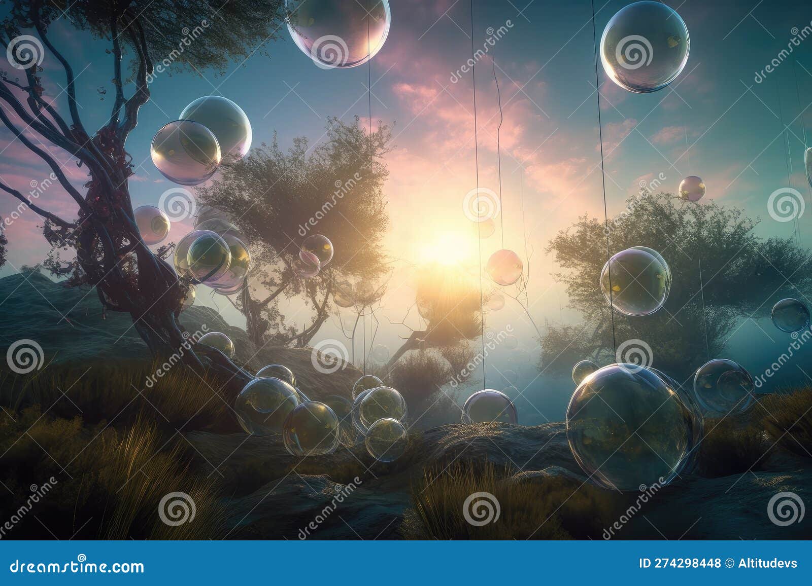 Dreamlike Scene of a Surreal Landscape with Floating Orbs of Light ... Dreamlike Scene of a Surreal Landscape with Floating Orbs of Light ...