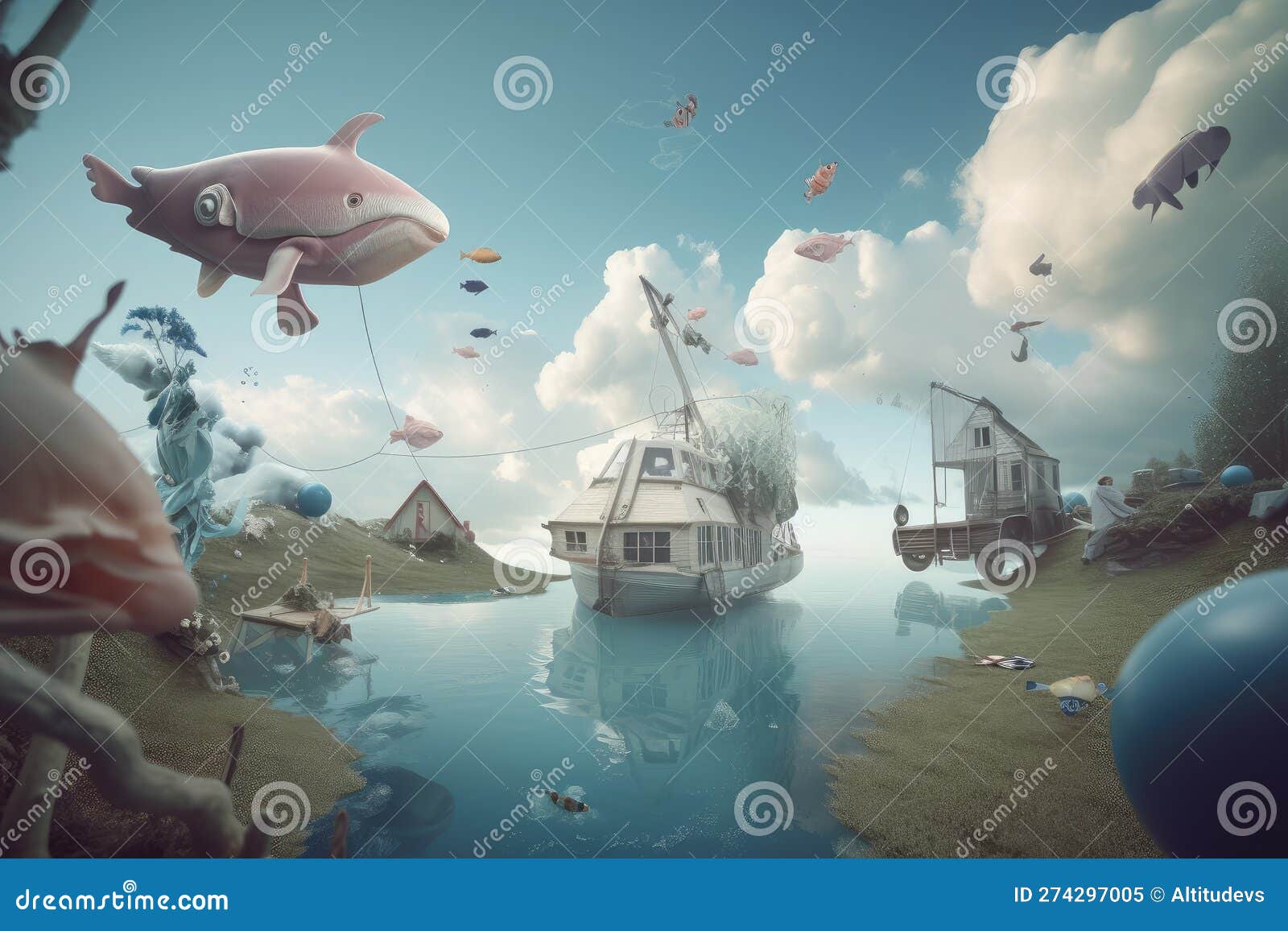 Dreamlike Scene with Surrealistic View, Featuring Floating Objects and ...