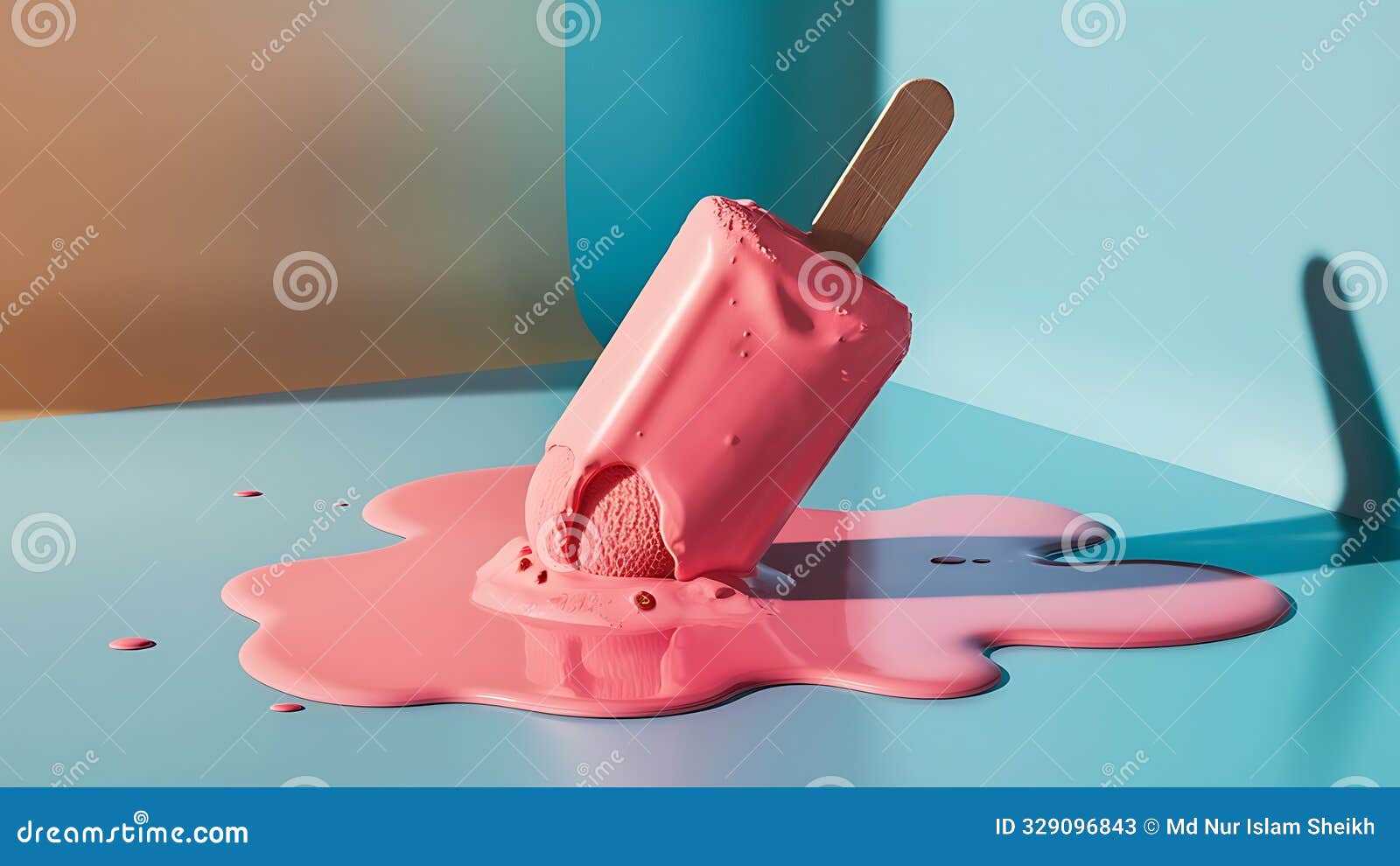 Pink Stick Ice Cream Melting on Pastel Blue Background. Stock ...