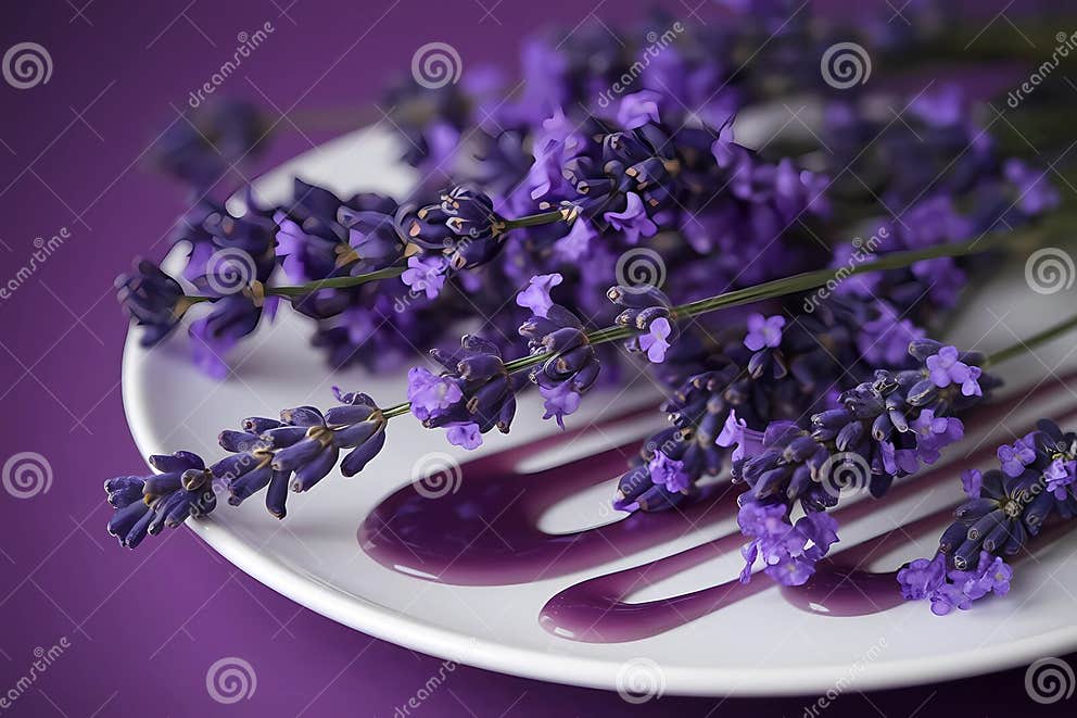A White Plate with a Lavender Caramel Drizzle on Purple Background ...