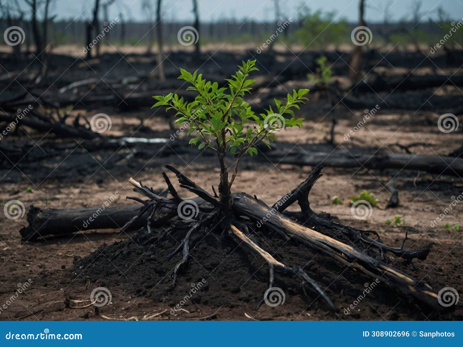 Resilience Rising: Birth of a Sapling after Forest Devastation Stock ...