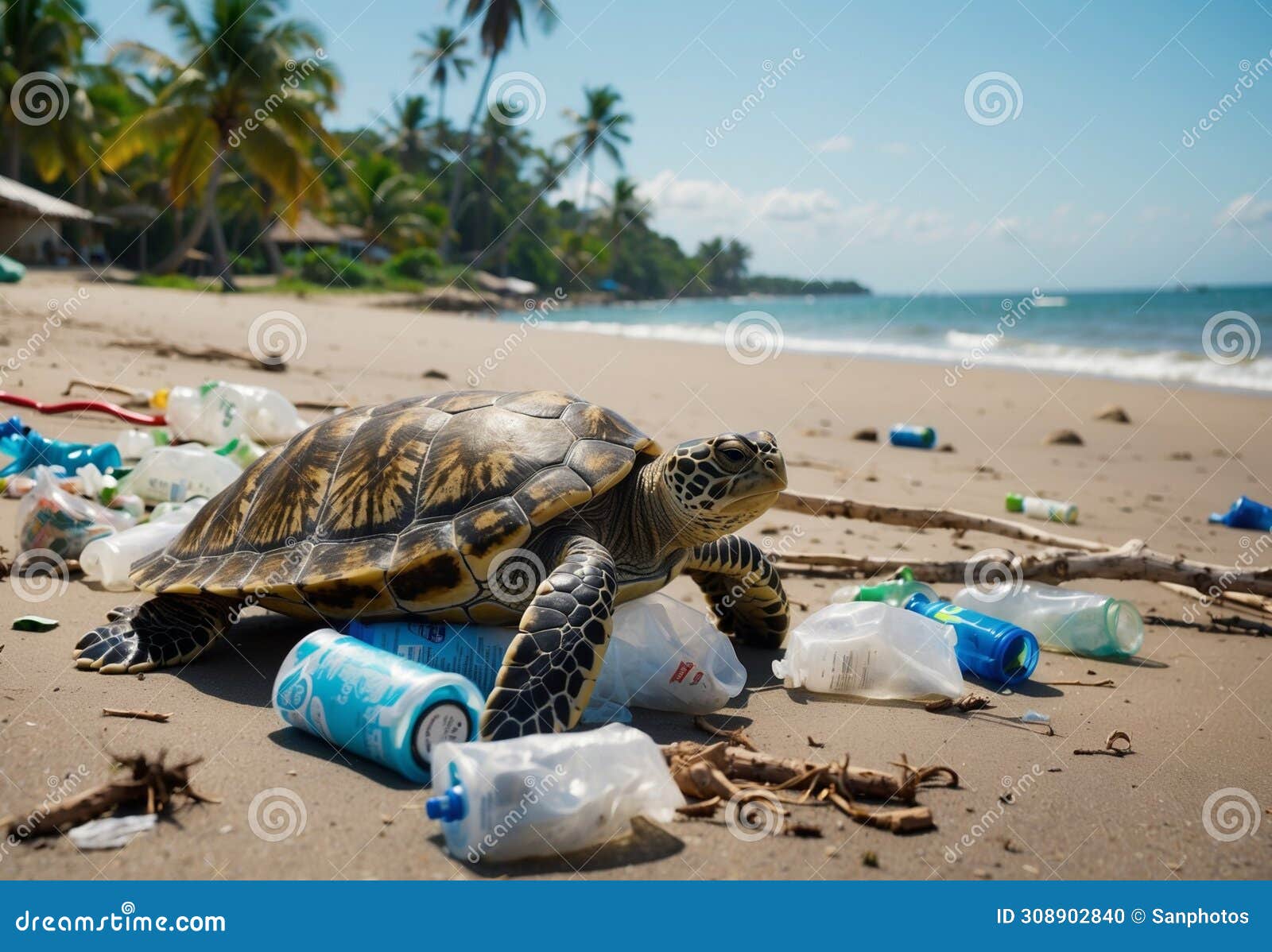 Sea Turtle Crawling Across Trash: Pollution S Peril on Coastal Shores ...