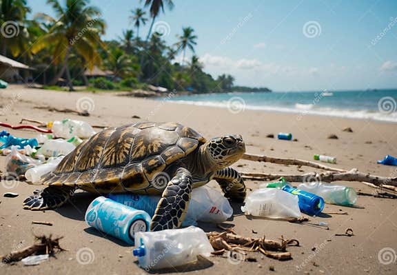 Sea Turtle Crawling Across Trash: Pollution S Peril on Coastal Shores ...