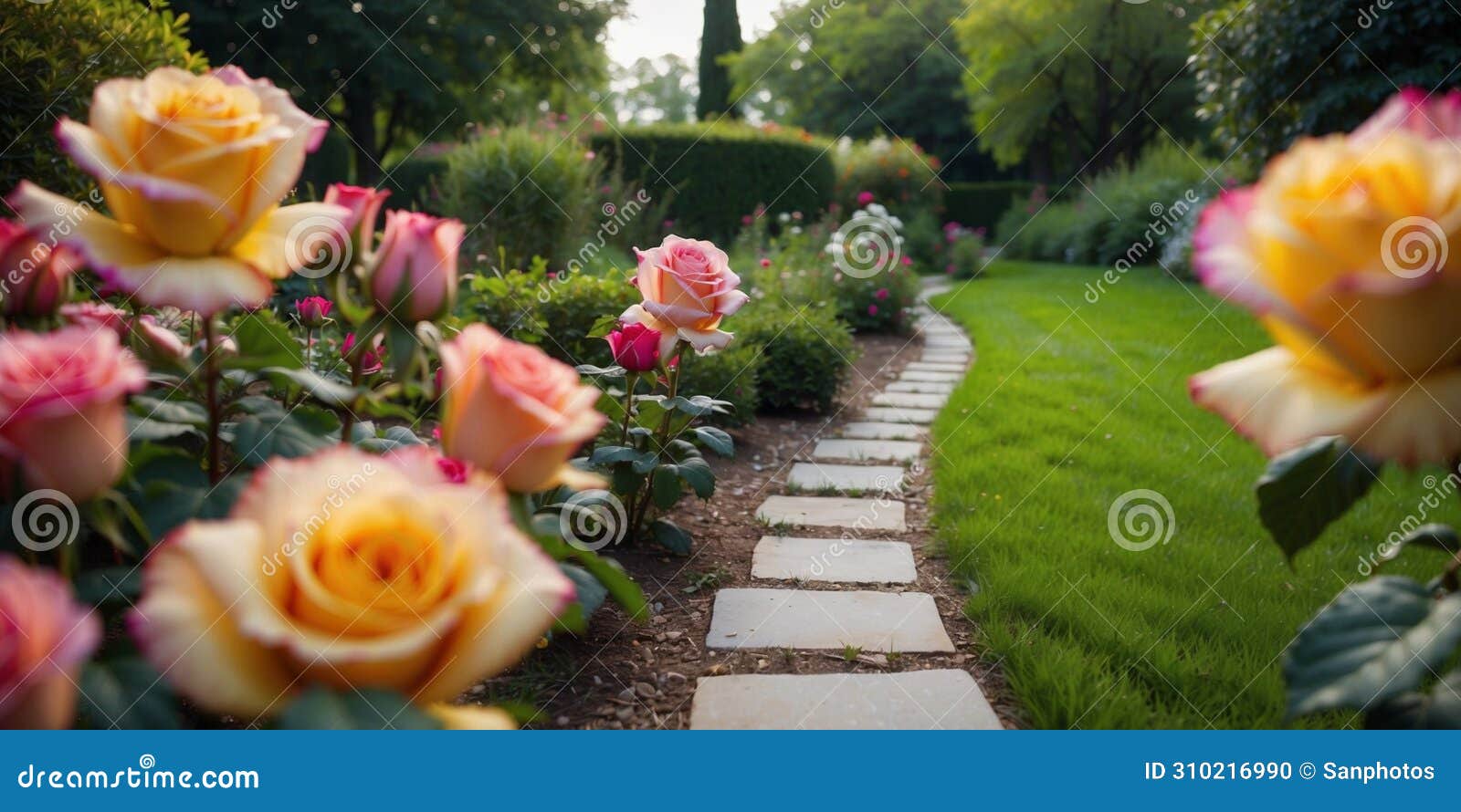 Breathtaking Rose Garden Panorama: Path Through Vibrant Blooms Stock ...