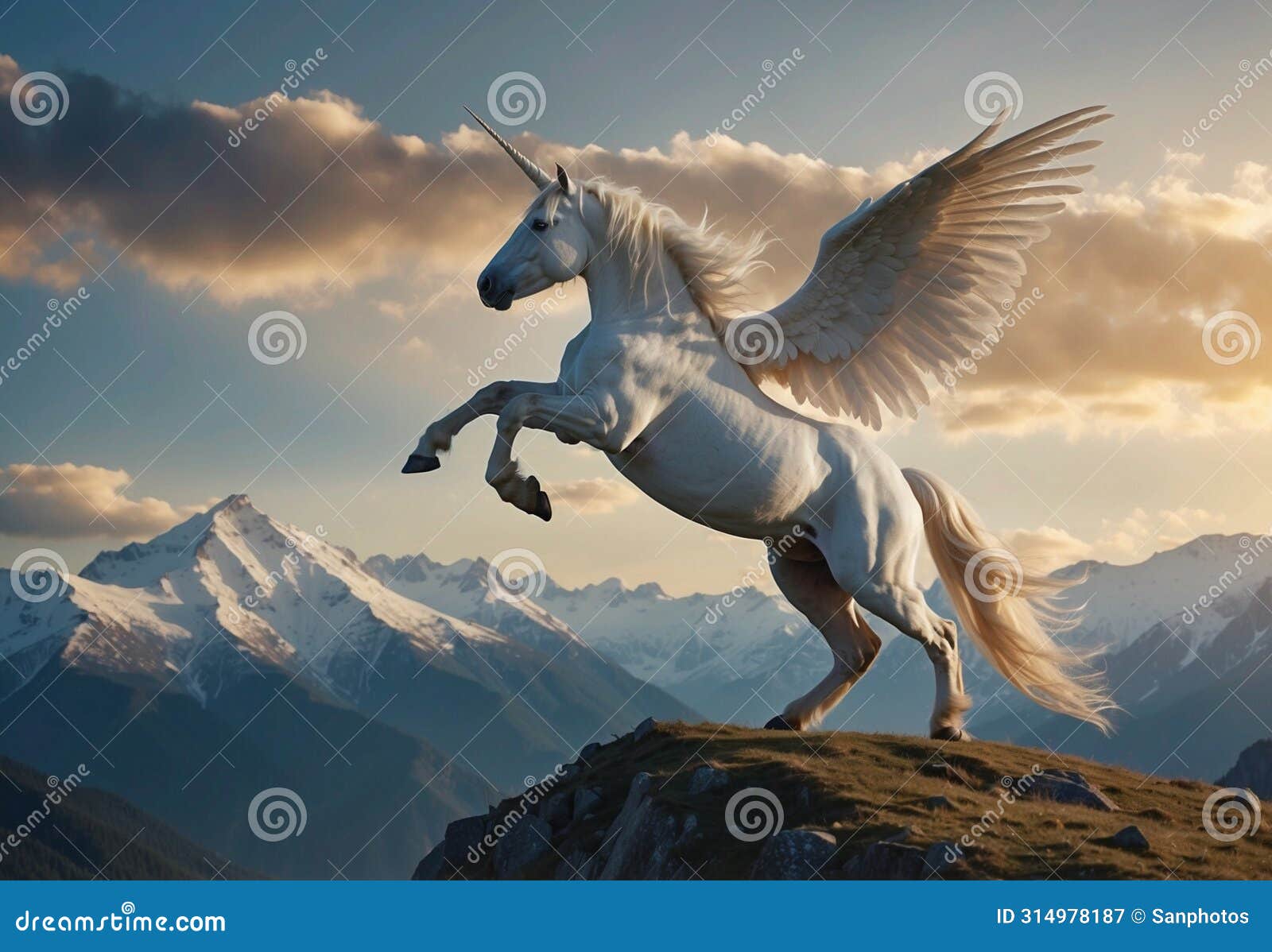 Regal Winged Unicorn Rearing Up in Snowy Mountains Stock Illustration ...