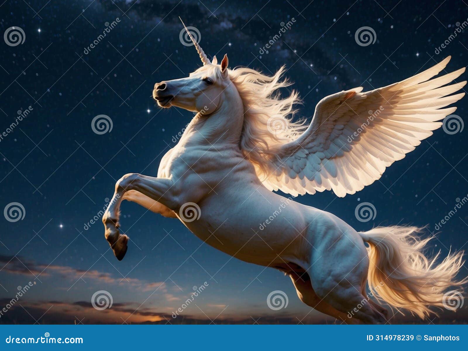 Regal Winged Unicorn Rearing Up Under Starry Sky Stock Illustration ...