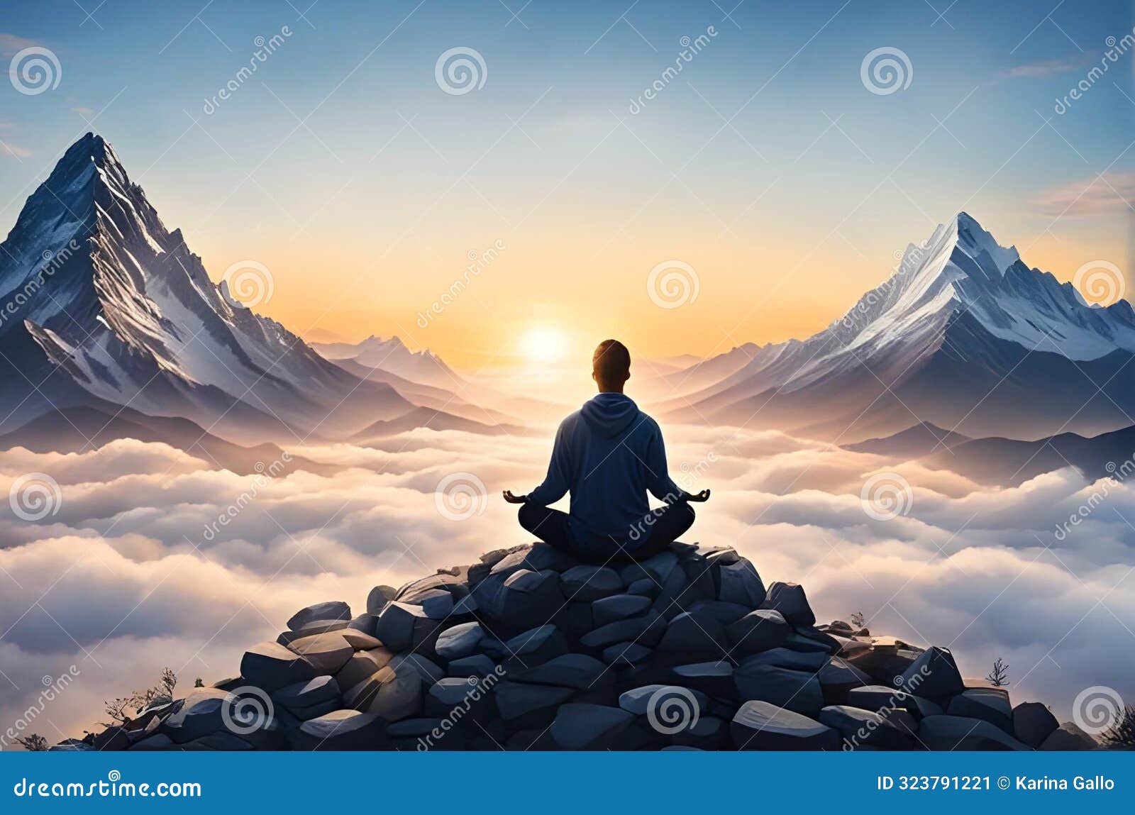 Mountain Meditation at Dawn Sitting on Stones Stock Illustration ...
