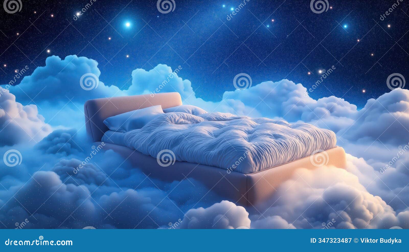 Dreamy Bed Floats on Soft Clouds Under Starry Night Sky. Peaceful Sleep ...