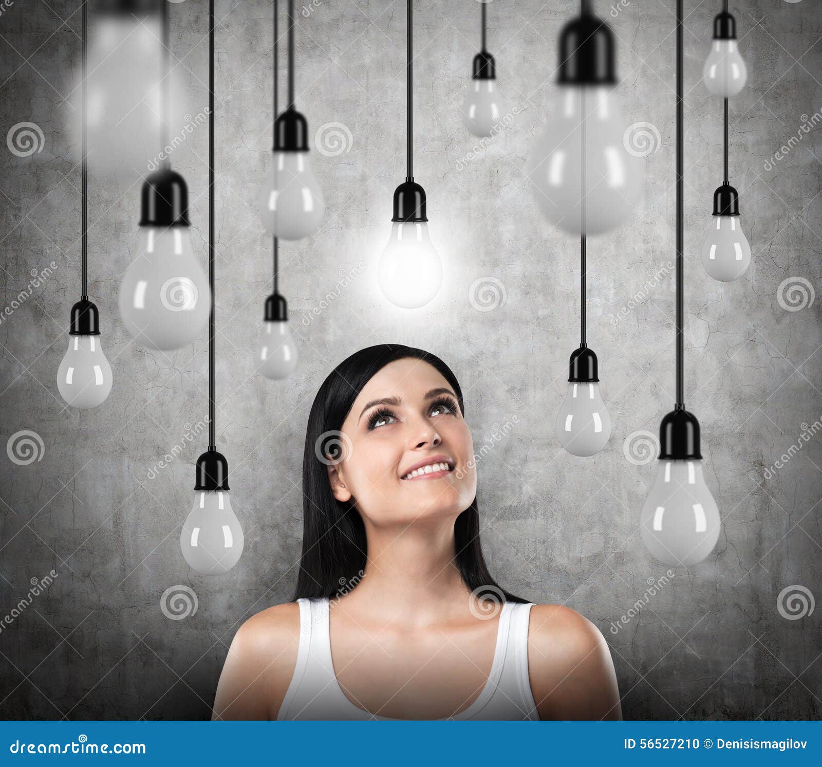 A Dreamy Brunette Looks Upward Lots Of Light Bulbs One Of Them Is