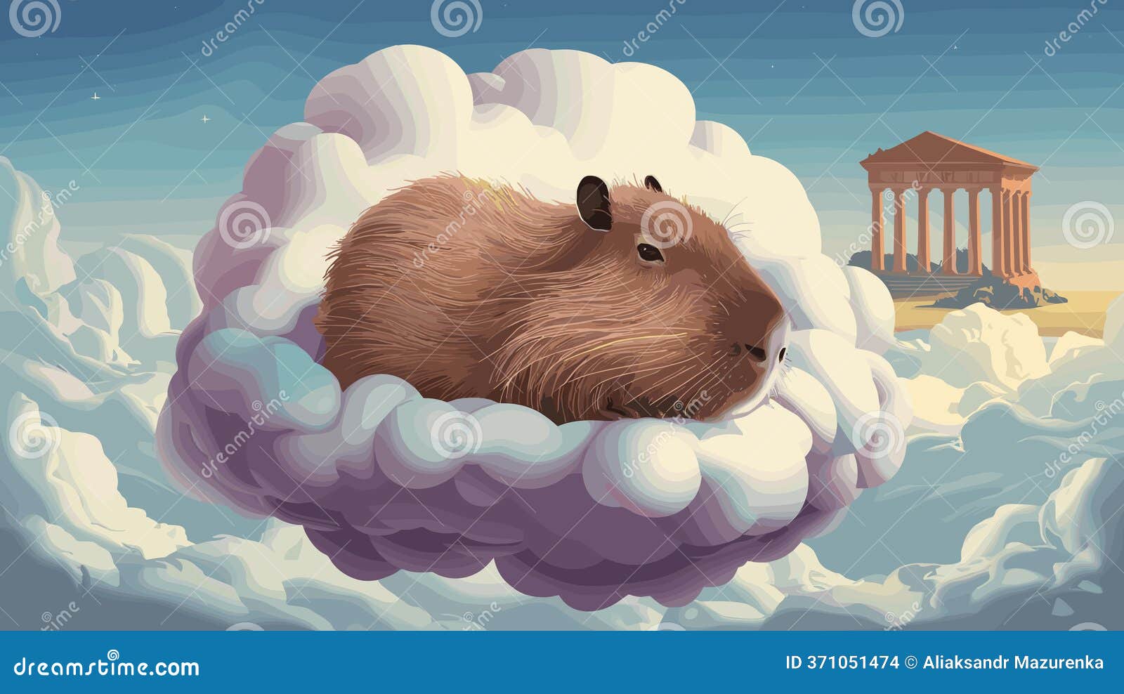 Dreamy Capybara On A Cloud With A Temple Backdrop Royalty-Free Cartoon ...