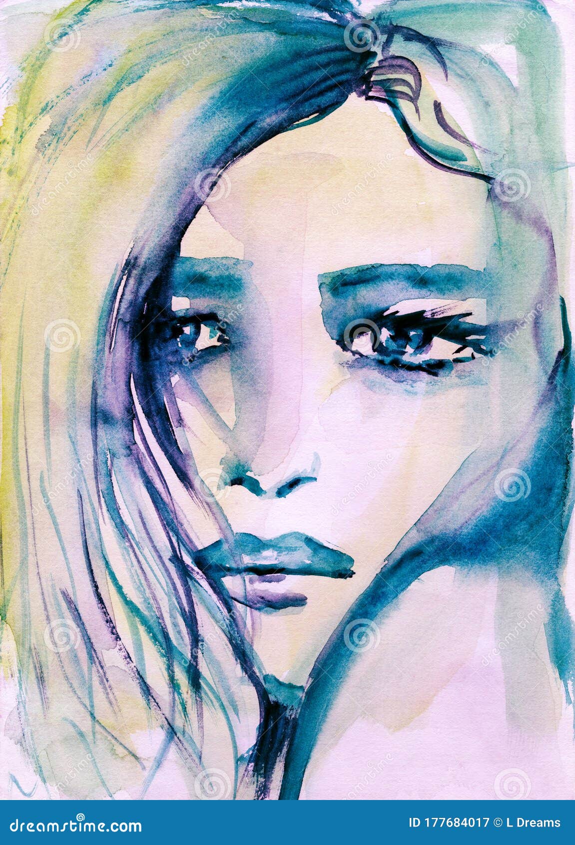 Dreamy Dramatic Watercolor Portrait Of A Breautiful Woman Stock