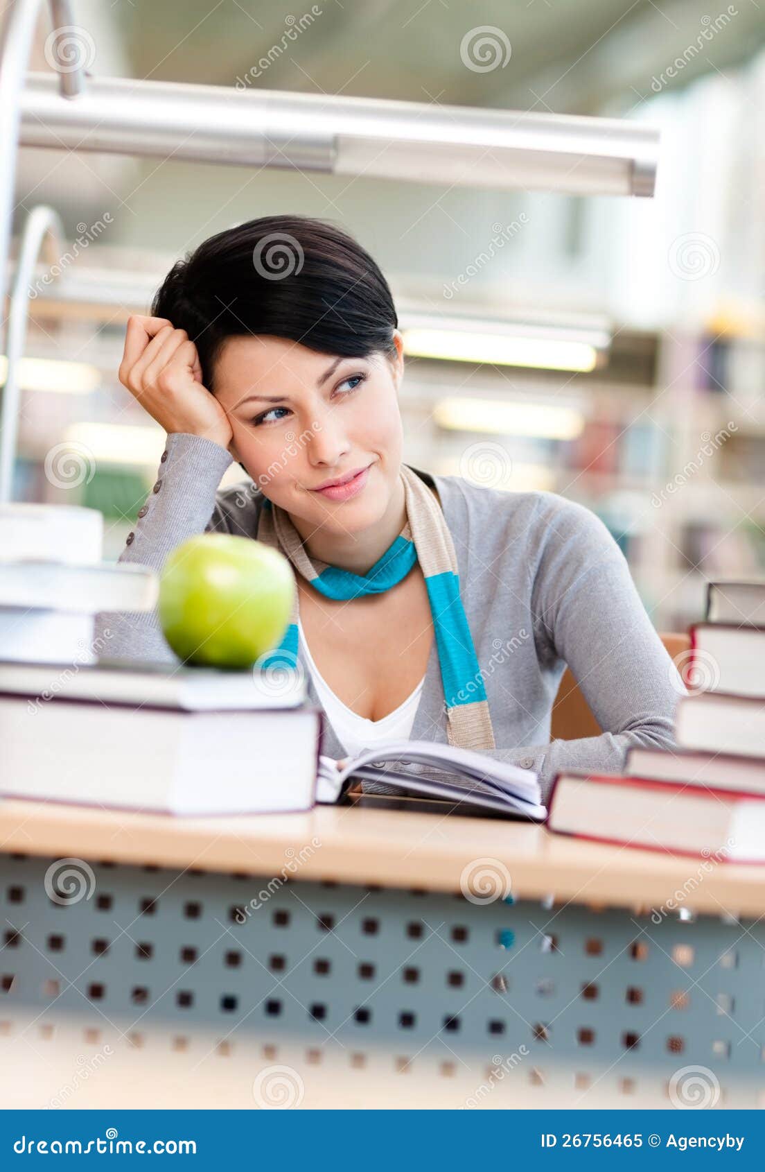 Dreamy Female Student Studies at the Reading Hall Stock Image - Image ...