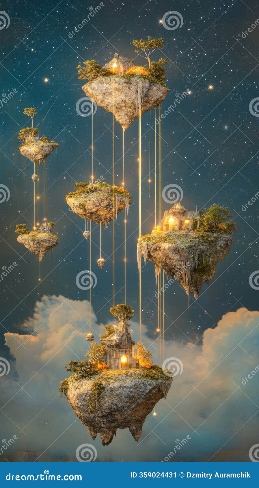Dreamy Floating Islands with Celestial Trees and Lights Stock Image ...