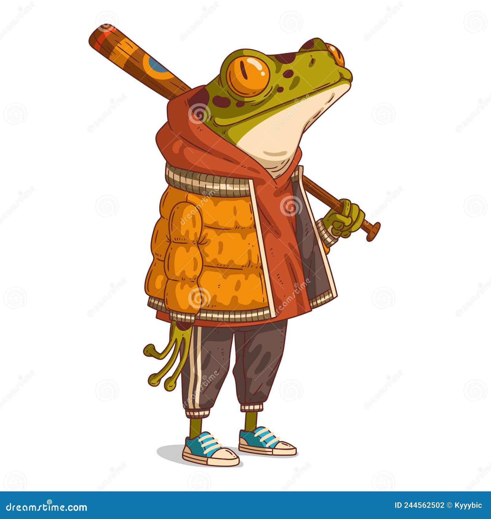 A Dreamy Frog with a Bat, Vector Illustration. Cute Anthropomorphic ...