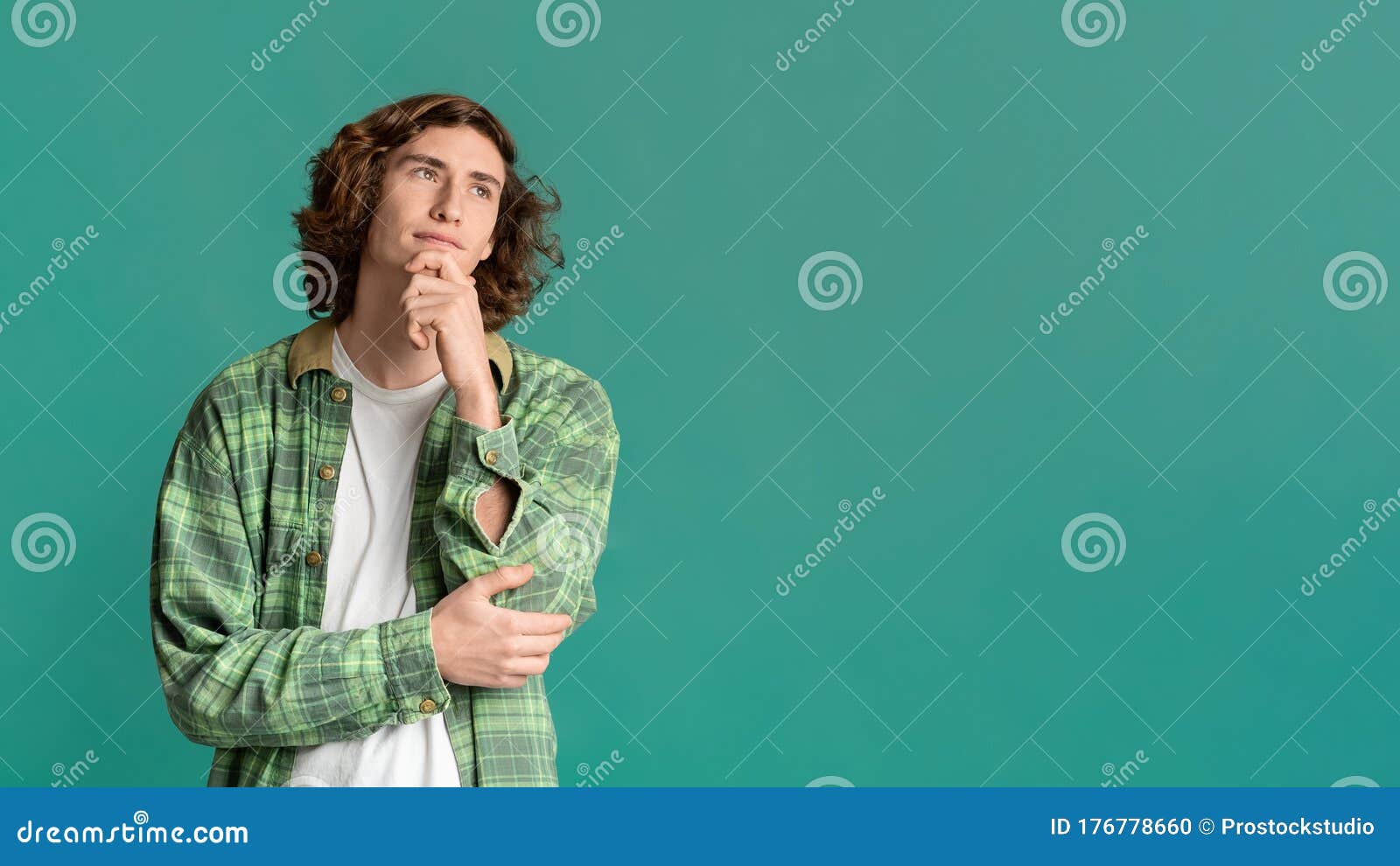 Dreamy Handsome Guy Thinking on Turquoise Background, Space for Text ...