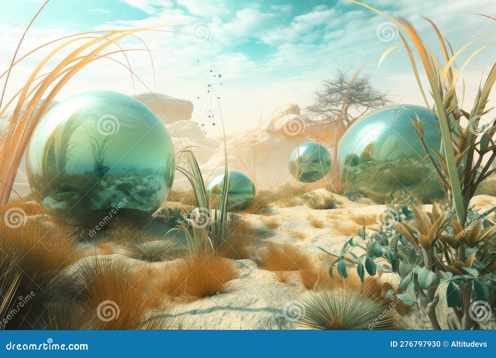 Dreamy Landscape, with Surrealistic Plants and Floating Orbs Stock ...