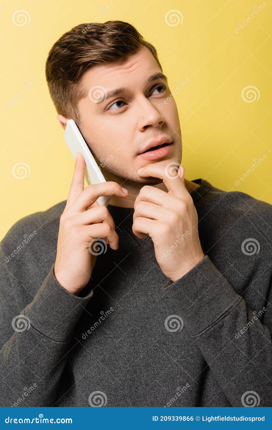 Dreamy Man Talking on Mobile Phone Stock Photo - Image of technology ...
