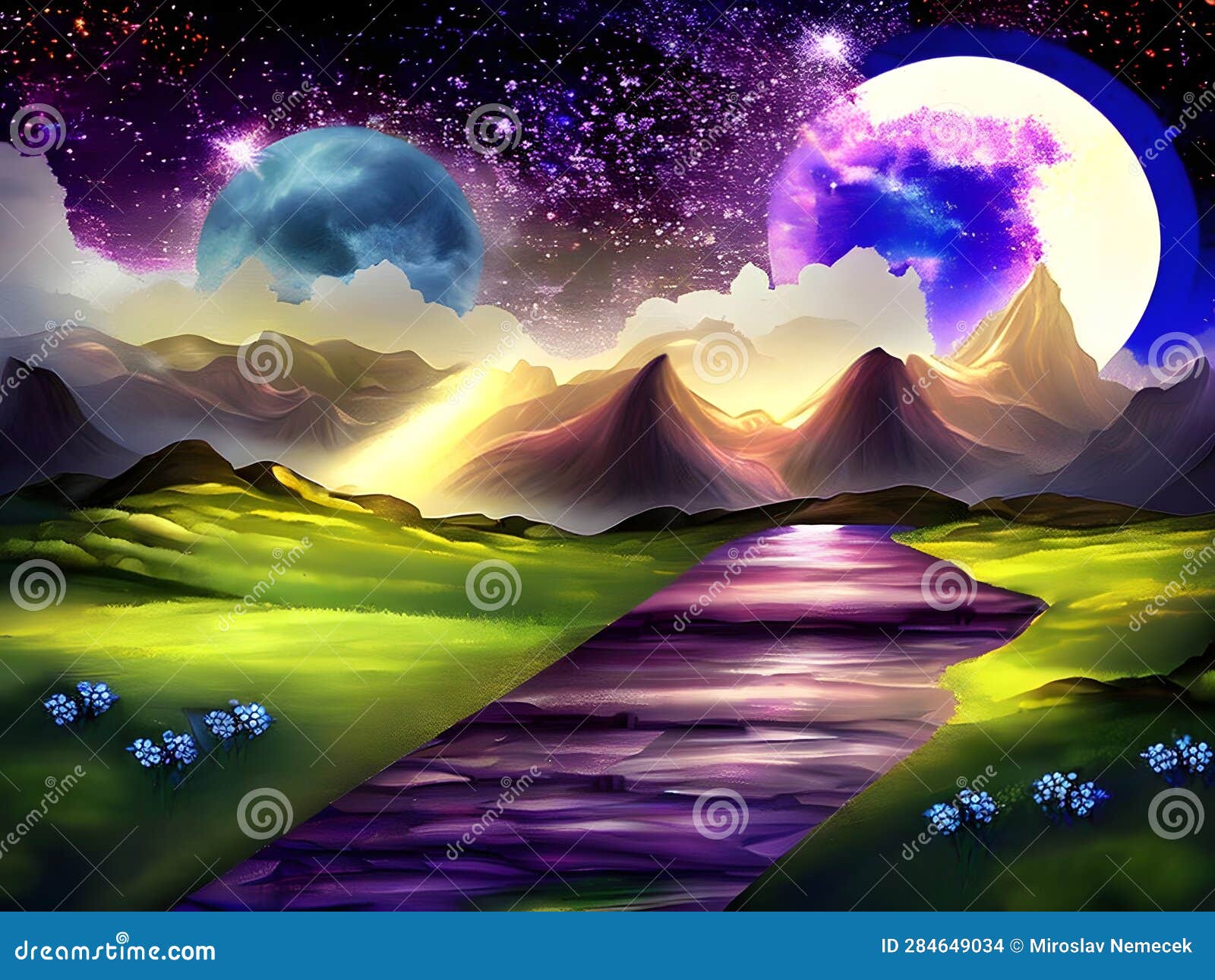 Dreamy Night Landscape, Generative AI Illustration Stock Illustration ...