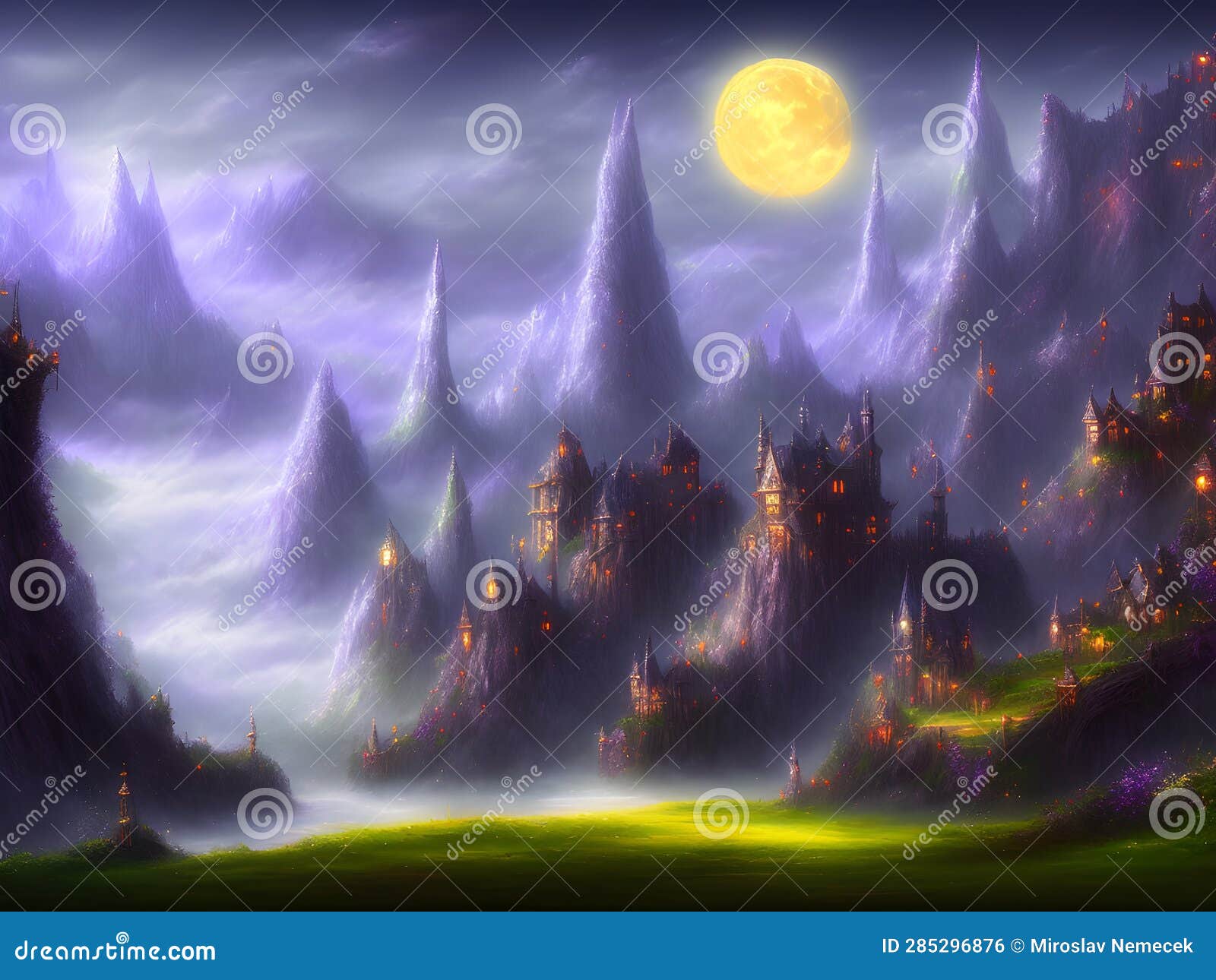 Dreamy Night Landscape, Generative AI Illustration Stock Illustration ...