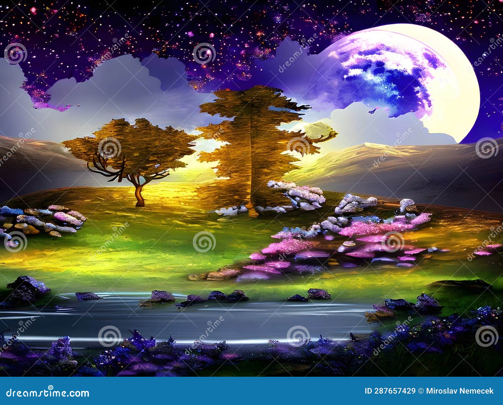 Dreamy Night Landscape, Generative AI Illustration Stock Illustration ...