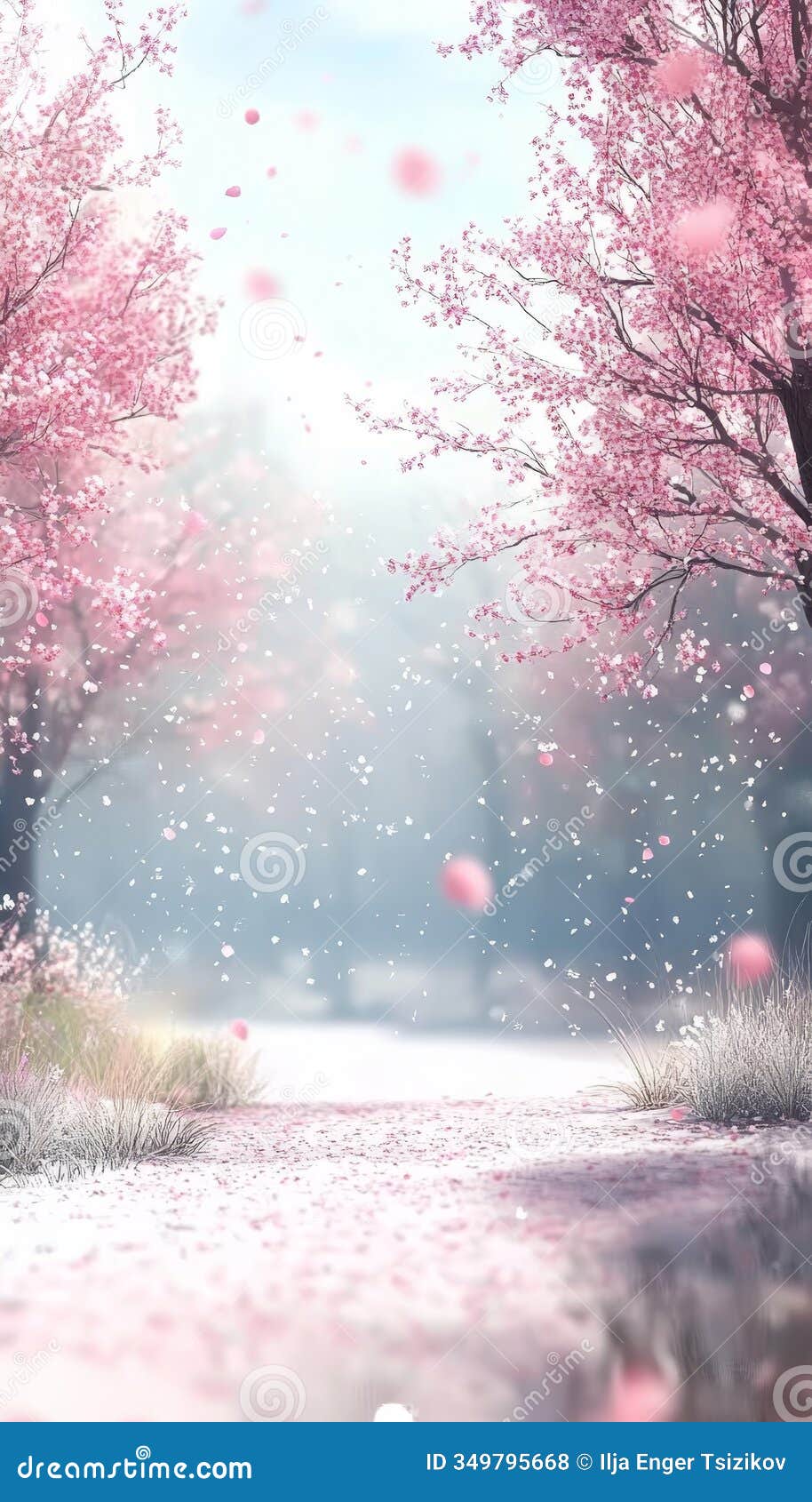 Dreamy Spring Pathway Cherry Blossom Petals Falling in Romantic Pink ...