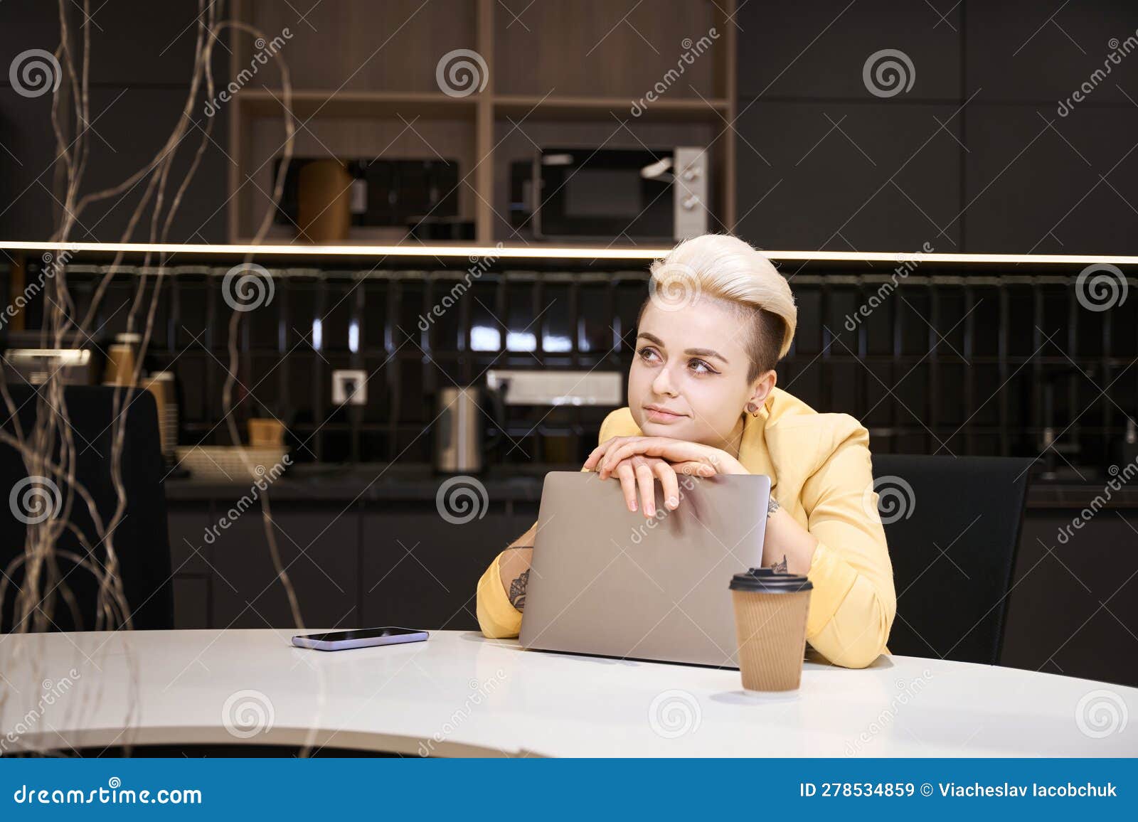 Dreamy Woman Working Laptop in the Office Stock Image - Image of remote ...
