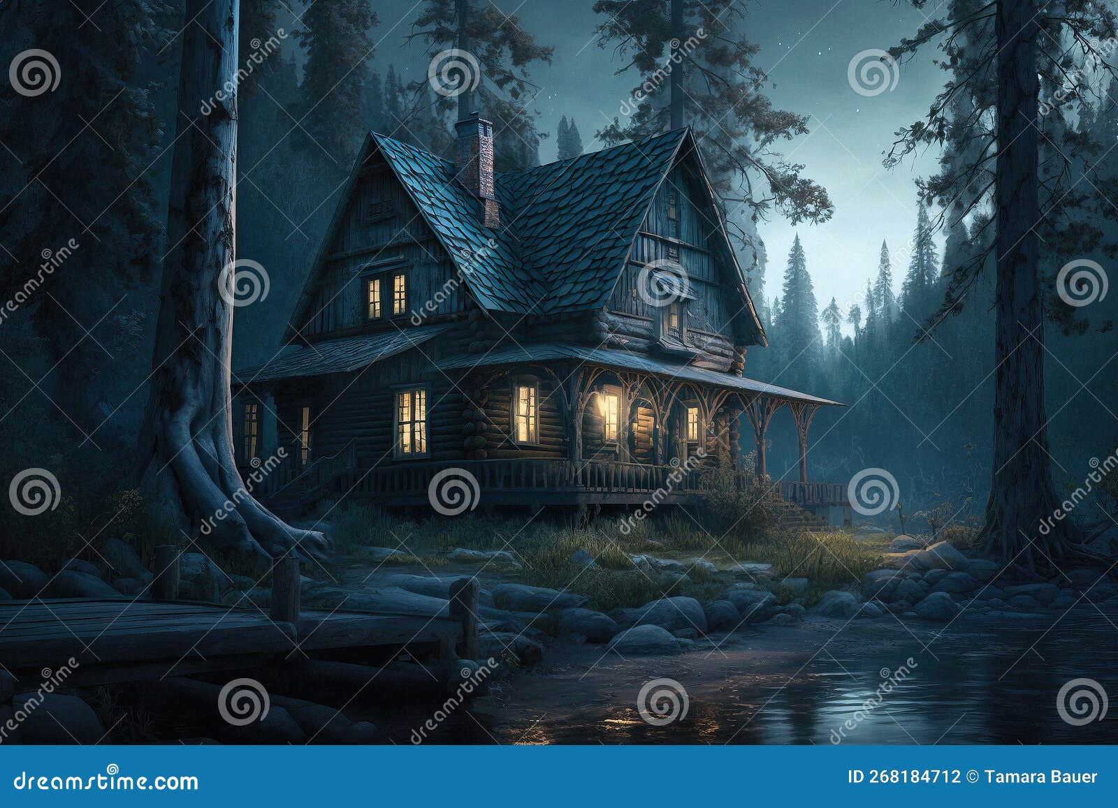 Scary Country Cabin in the Woods at Night Stock Illustration ...
