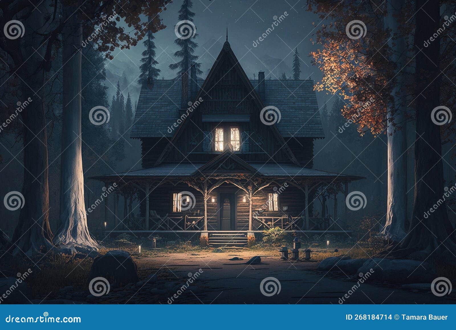 Scary Country Cabin in the Woods at Night Stock Illustration ...