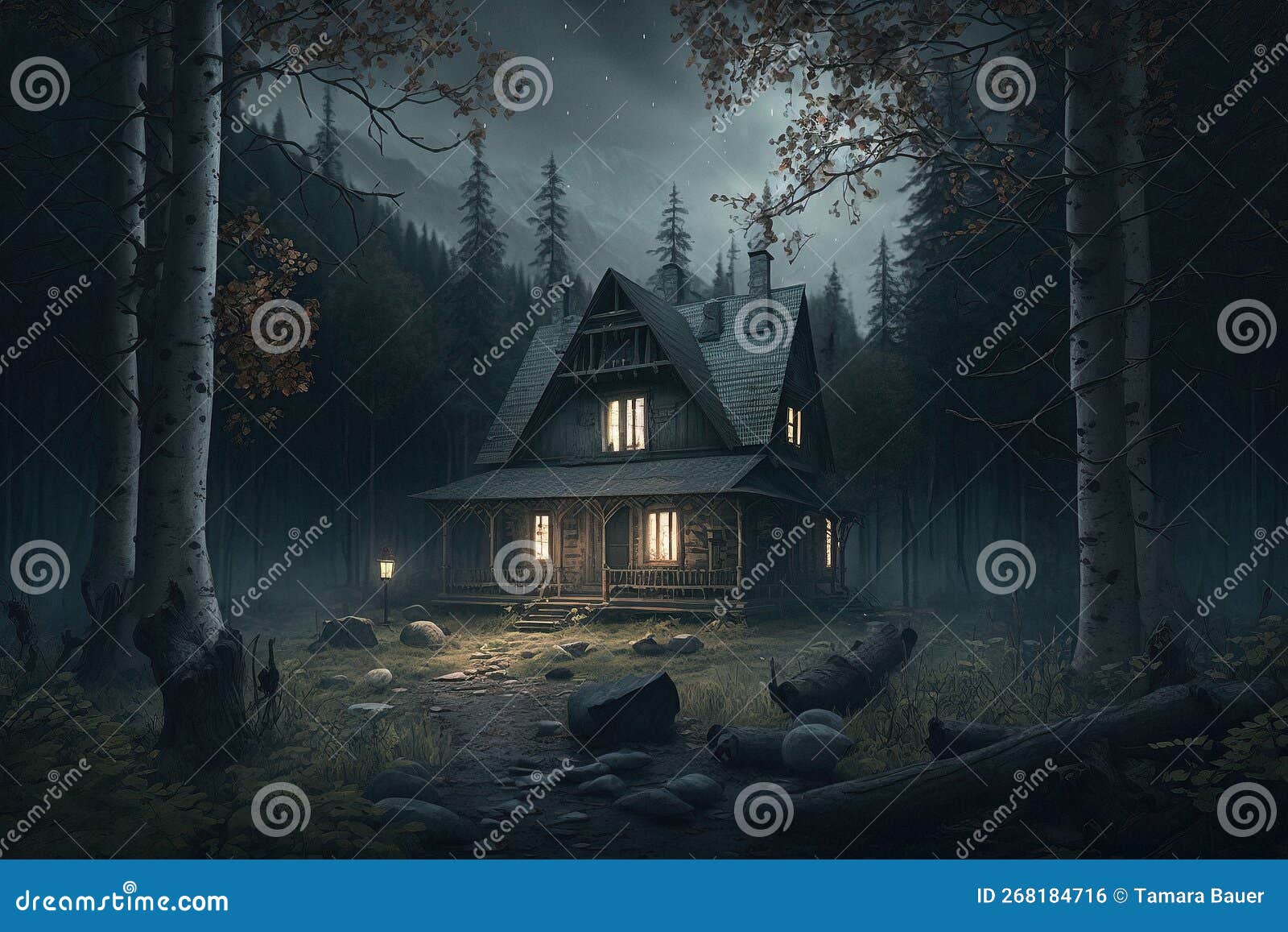 Scary Country Cabin in the Woods at Night Stock Illustration ...