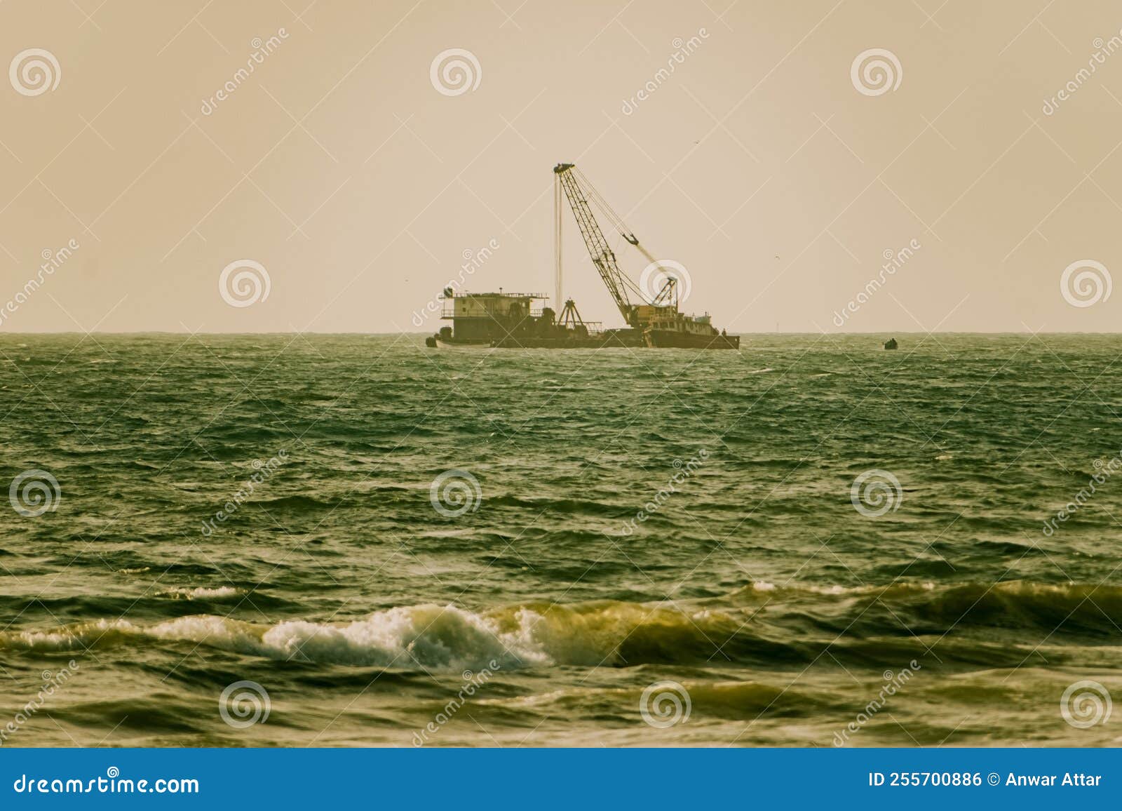 Dredger Working at Sea. Ship Excavating Material from a Water ...